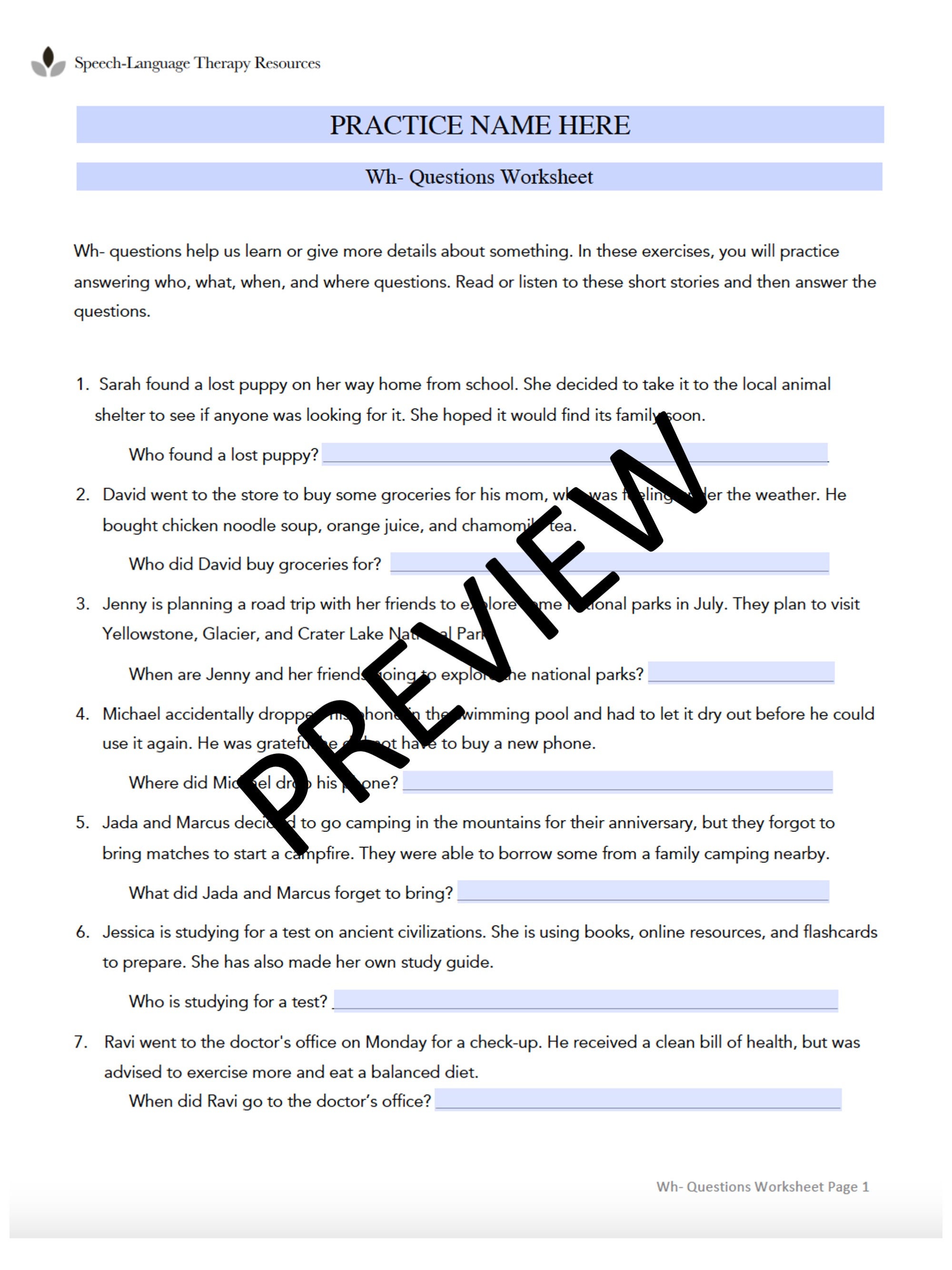 WH- Questions Worksheet for Speech Therapy (editable, Fillable ...