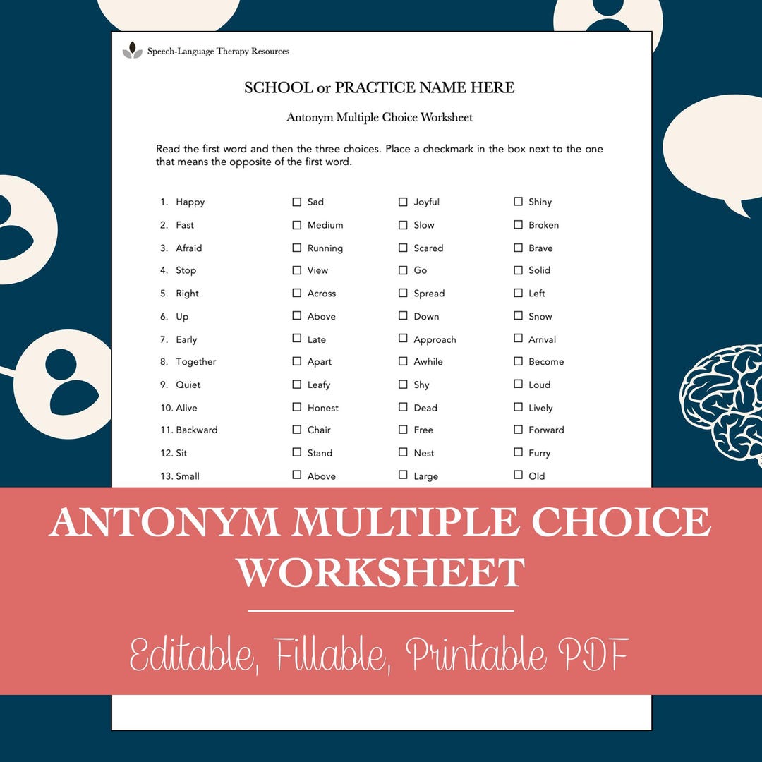 Antonym Multiple Choice Worksheet for Speech Therapy (editable ...