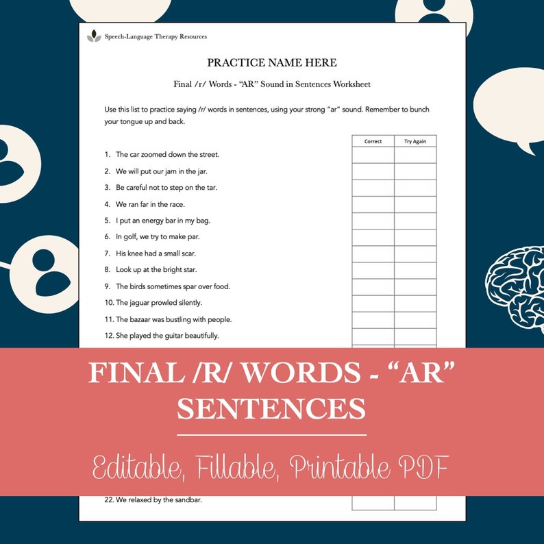 Final /R/ Words AR Sentences Worksheet for Speech Therapy editable ...