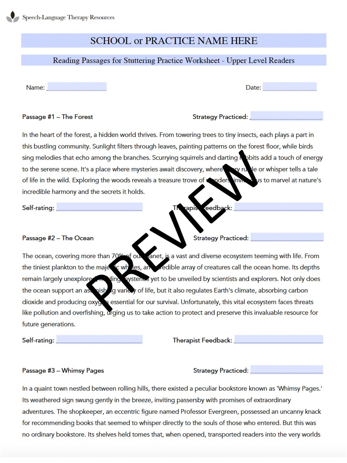 Reading Passages Worksheet for Stuttering Practice (upper Level) for ...