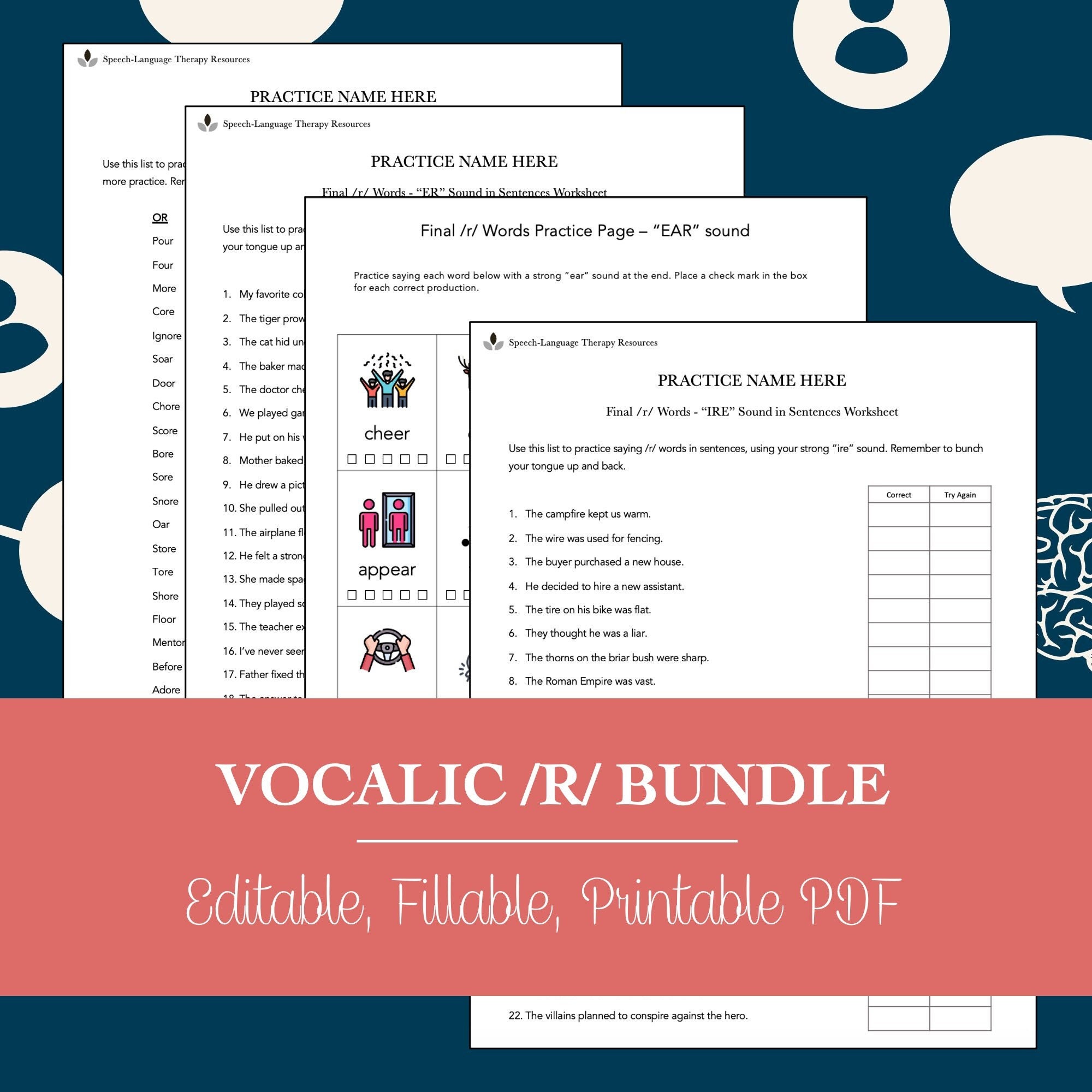 Vocalic /R/ Worksheets Bundle for Speech Therapy (editable, Fillable ...
