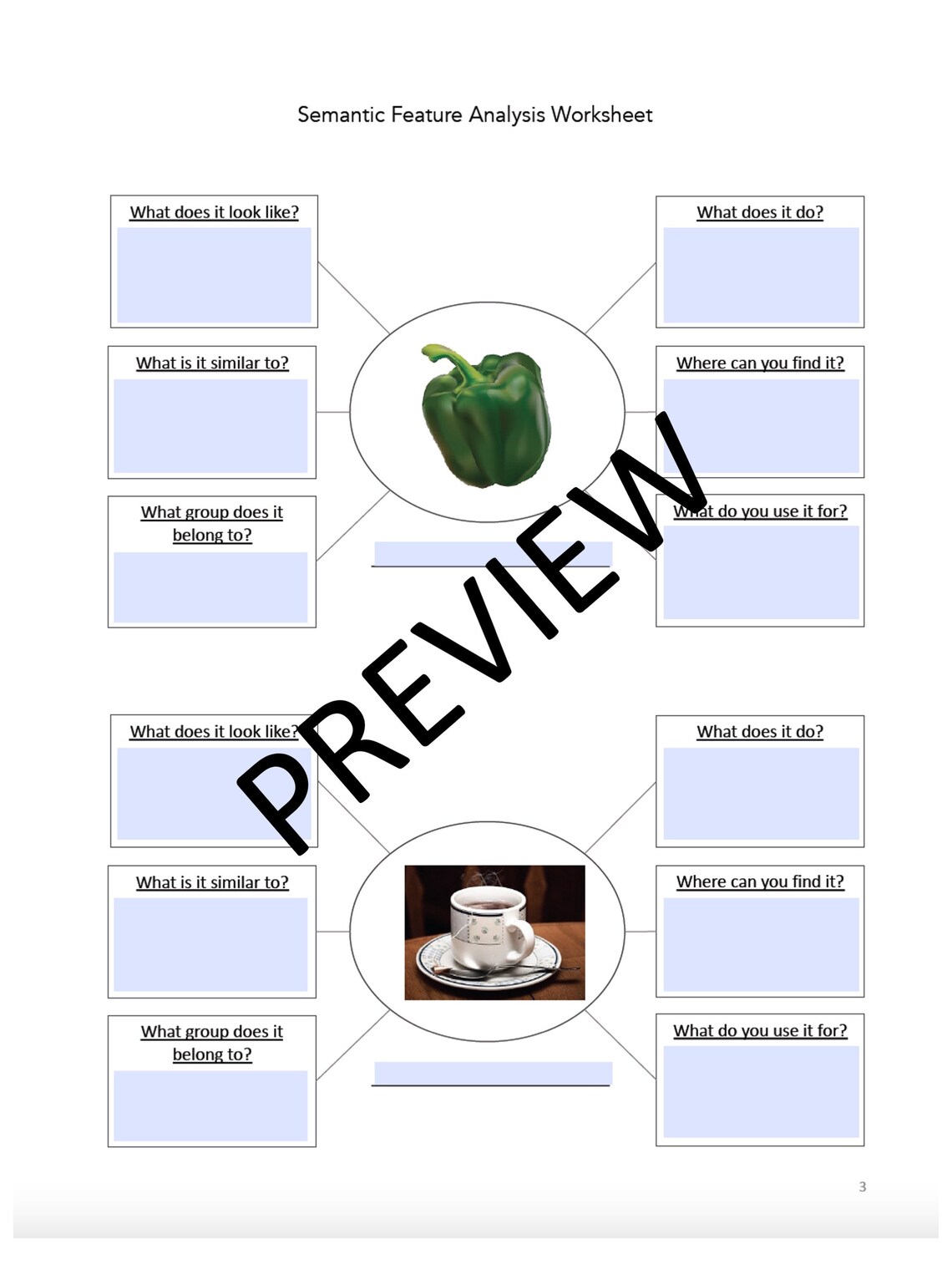 Semantic Feature Analysis Worksheet for Speech Therapy (editable ...