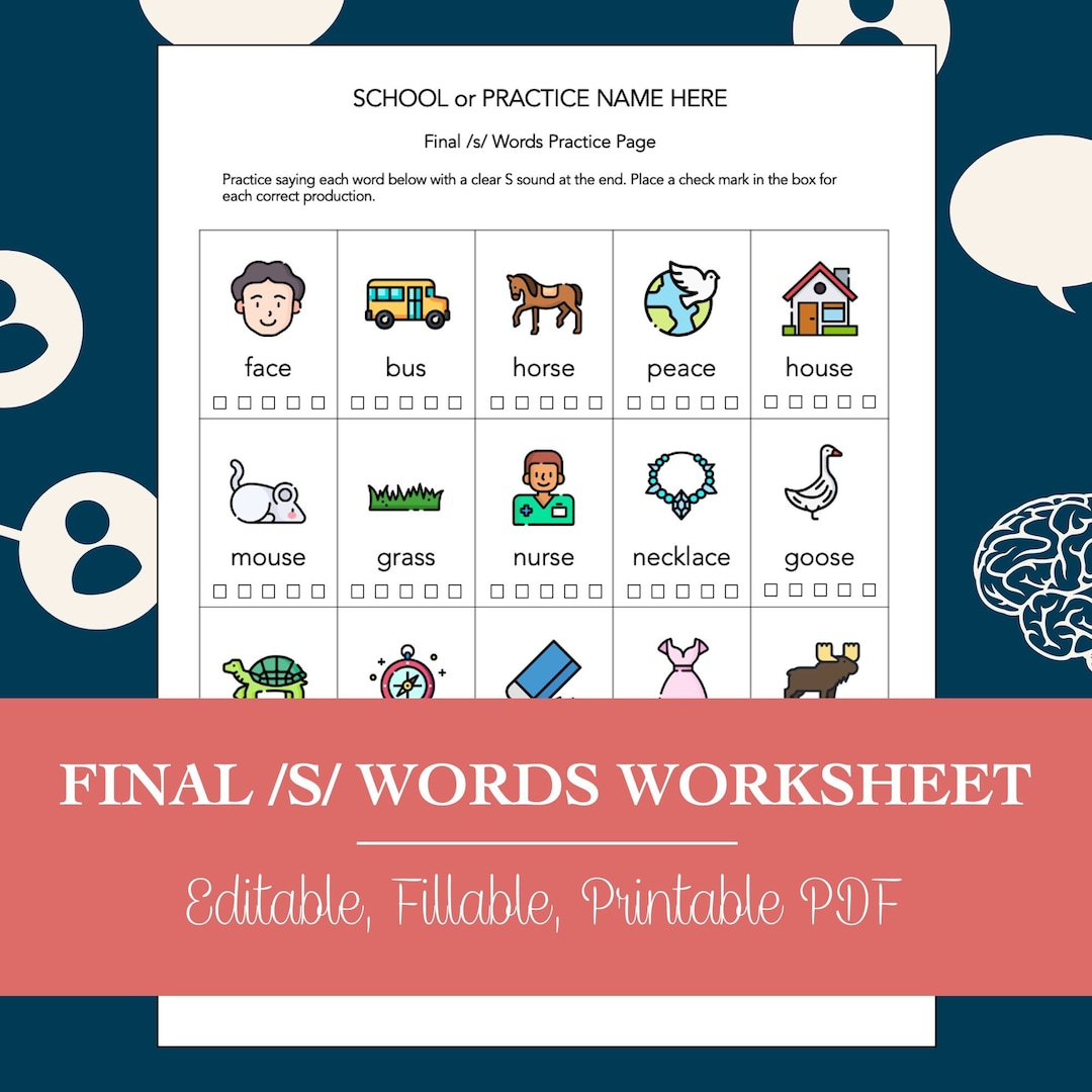 Final /S/ Words in Pictures Worksheet for Speech Therapy (editable, Fillable, Printable PDF) - Etsy