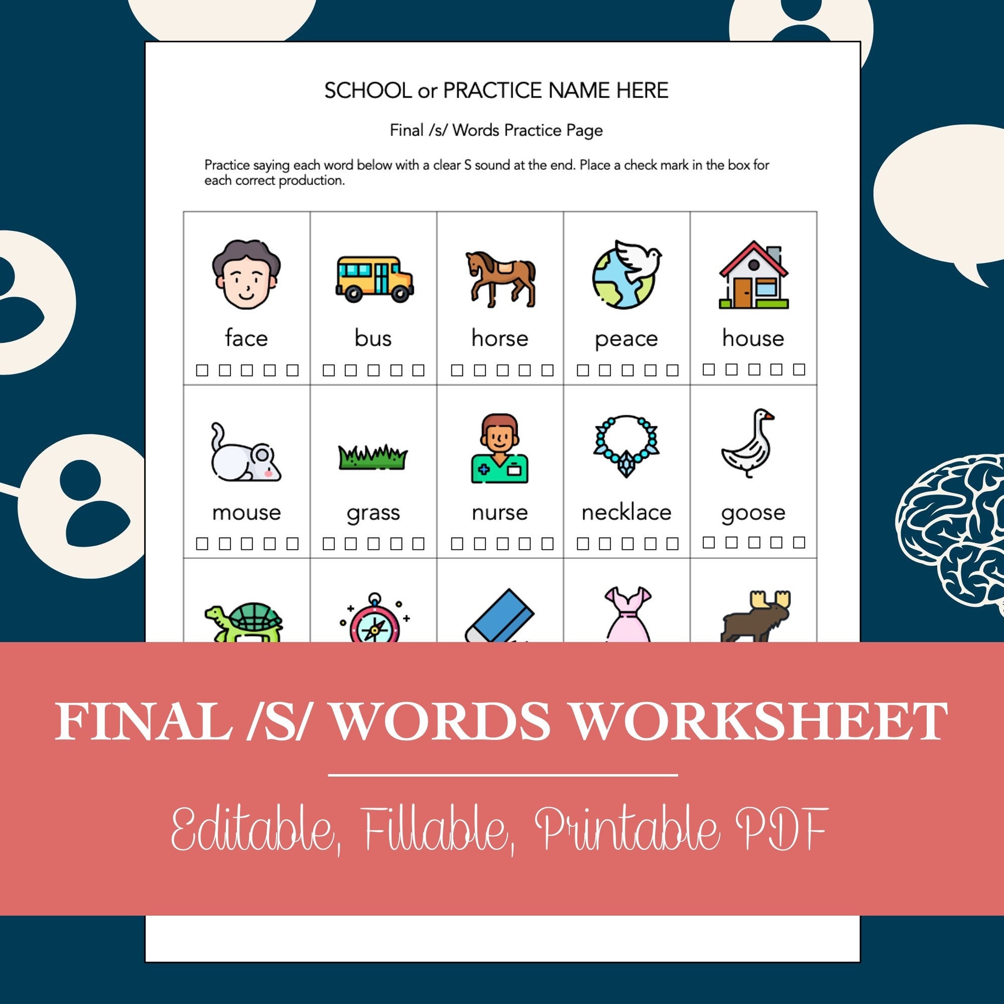 Final /S/ Words in Pictures Worksheet for Speech Therapy (editable ...