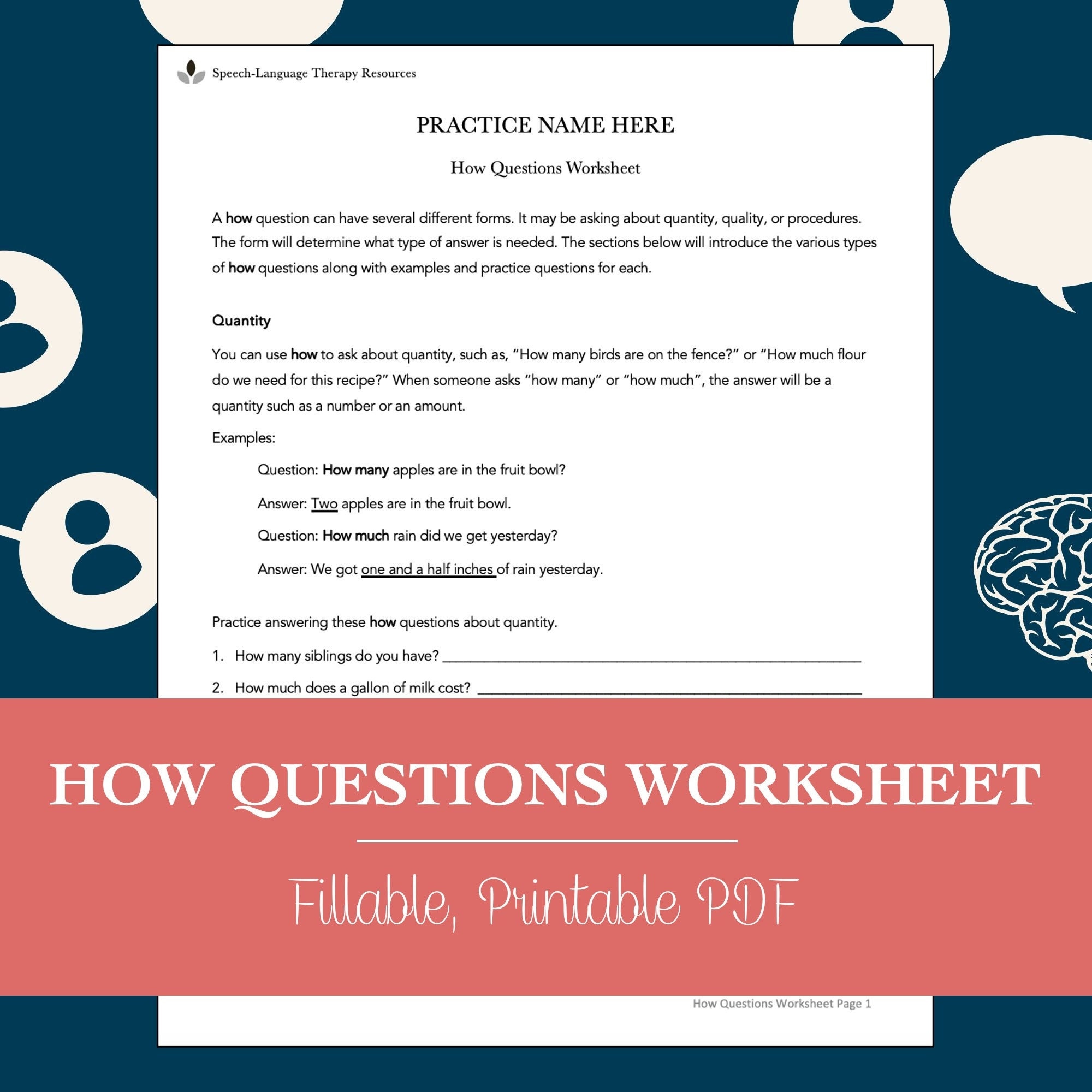 How Questions Worksheet for Apraxia for Speech Therapy (editable ...