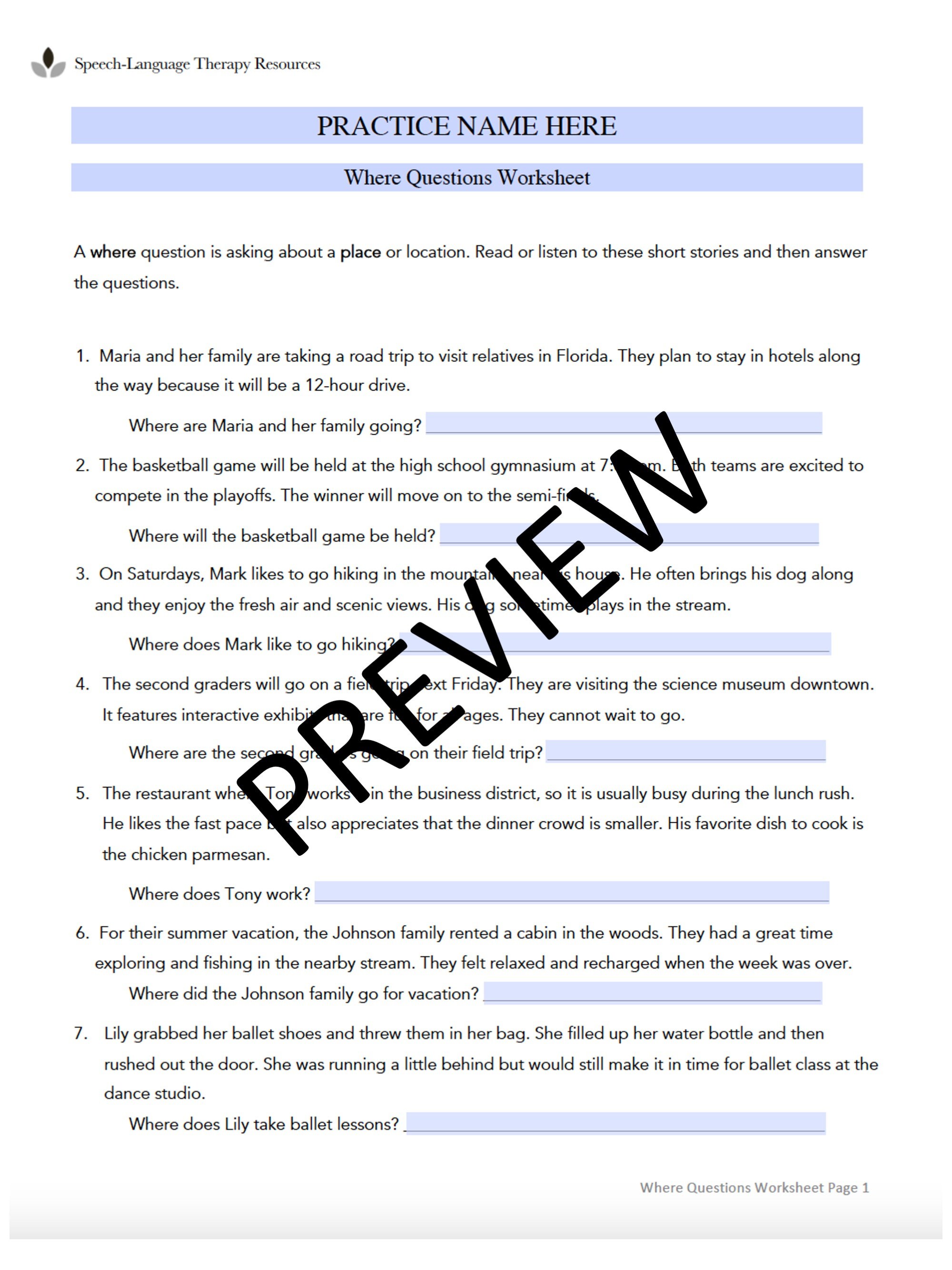 Where Questions Worksheet for Speech Therapy (editable, Fillable ...