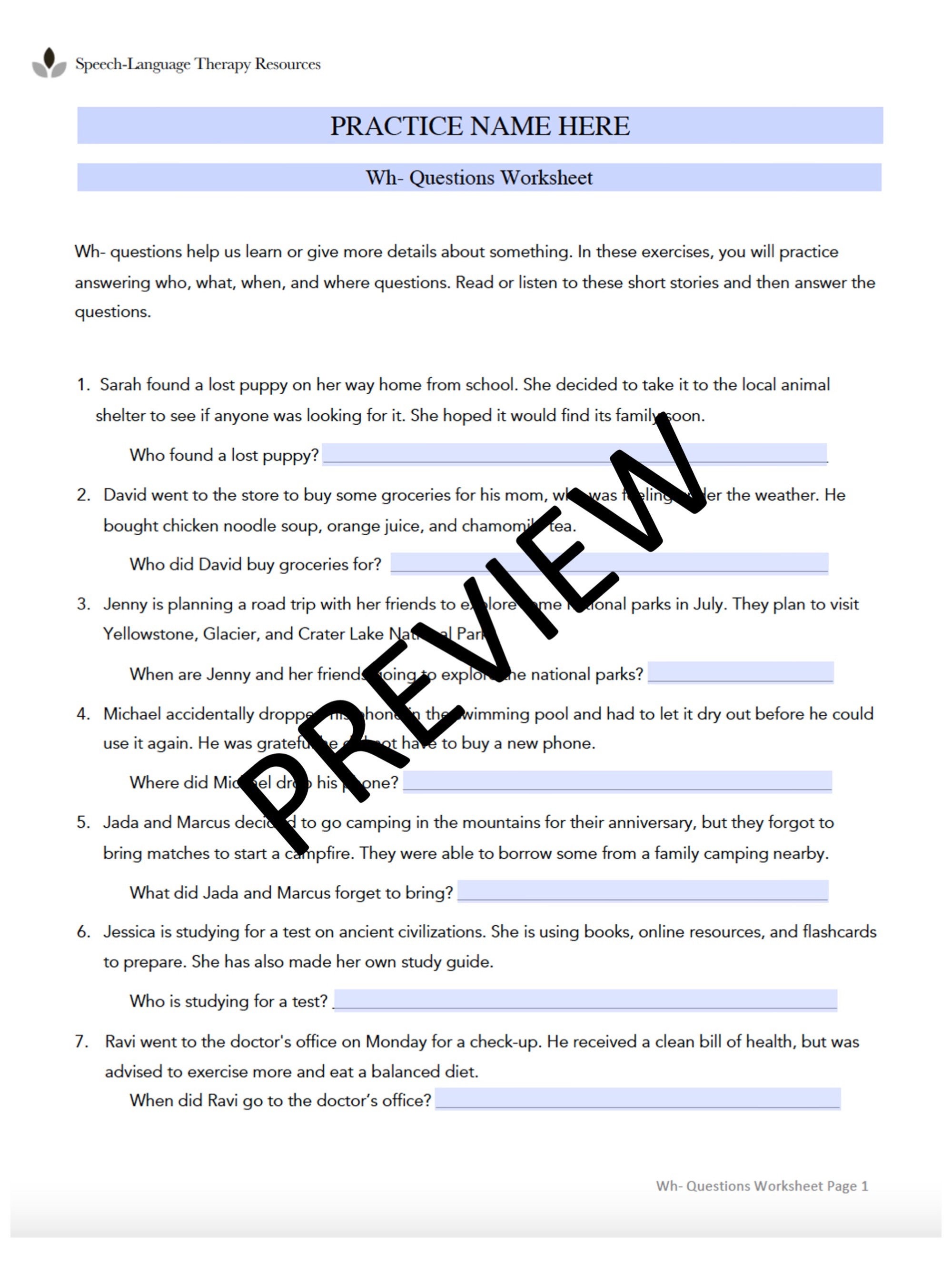 WH Questions Worksheet Bundle for Speech Therapy editable - Etsy