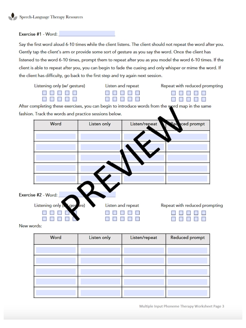 Multiple Input Phoneme Therapy Worksheet for Aphasia / Apraxia for ...