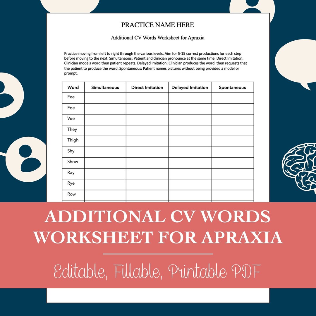 CV Words Worksheet for Apraxia in Speech Therapy (editable, Fillable ...