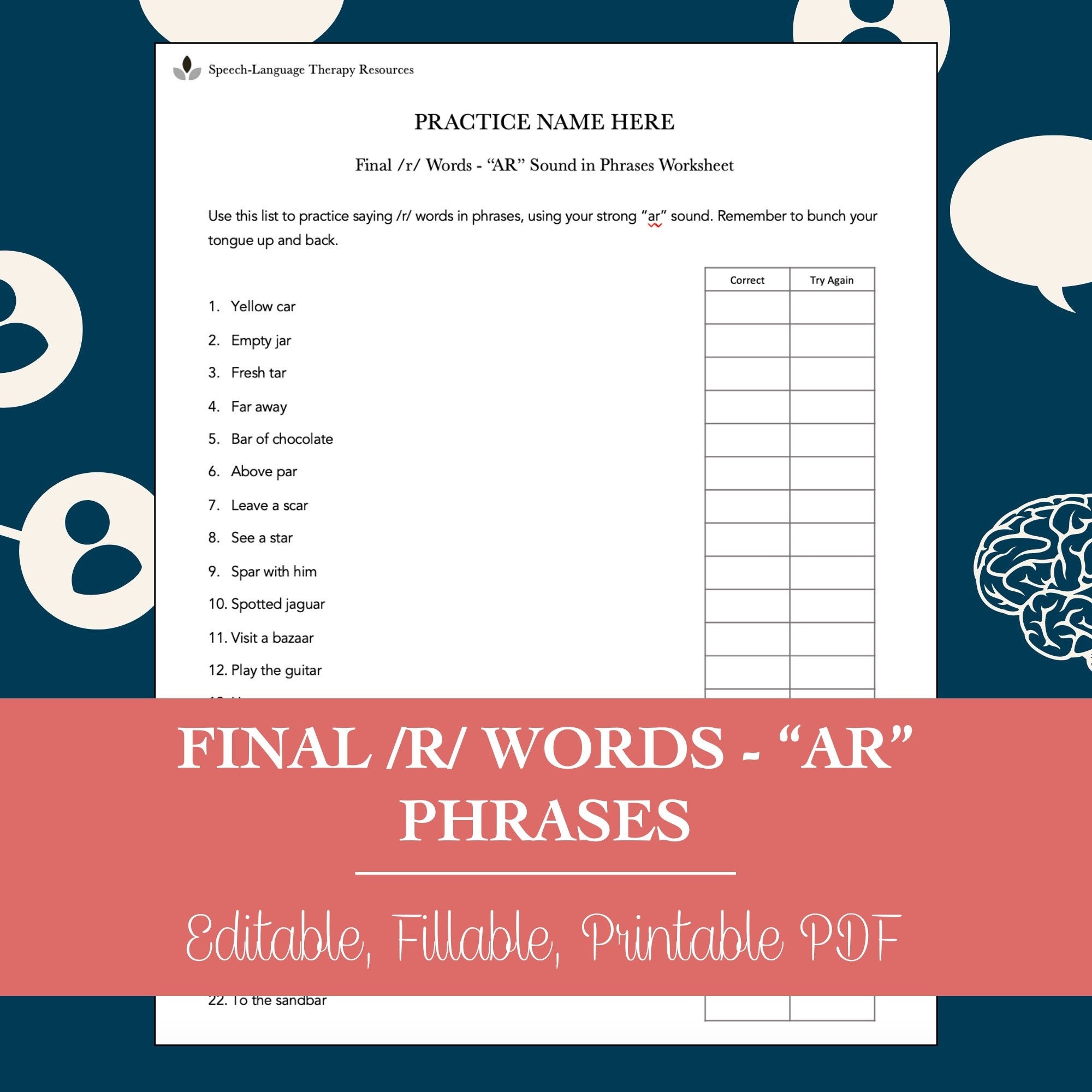 Final /R/ Words “AR” Phrases Worksheet for Speech Therapy (editable ...