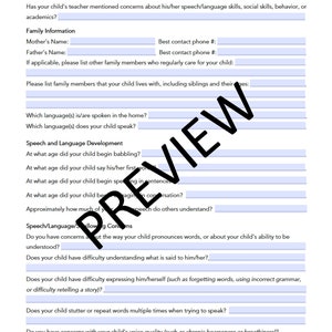 Speech Therapy Intake Form for Children editable, Fillable, Printable ...