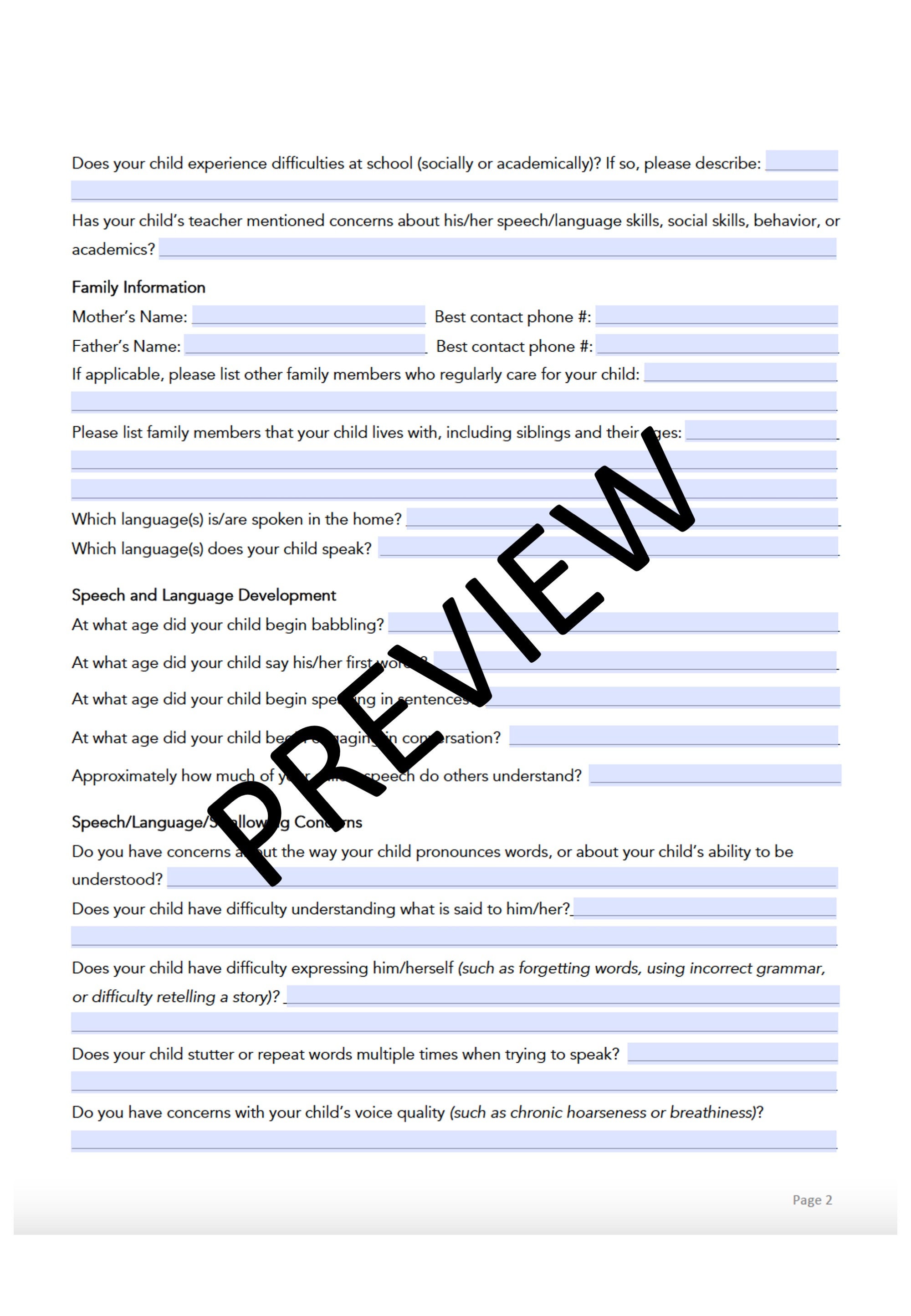 Speech Therapy Intake Form for Children editable Fillable - Etsy