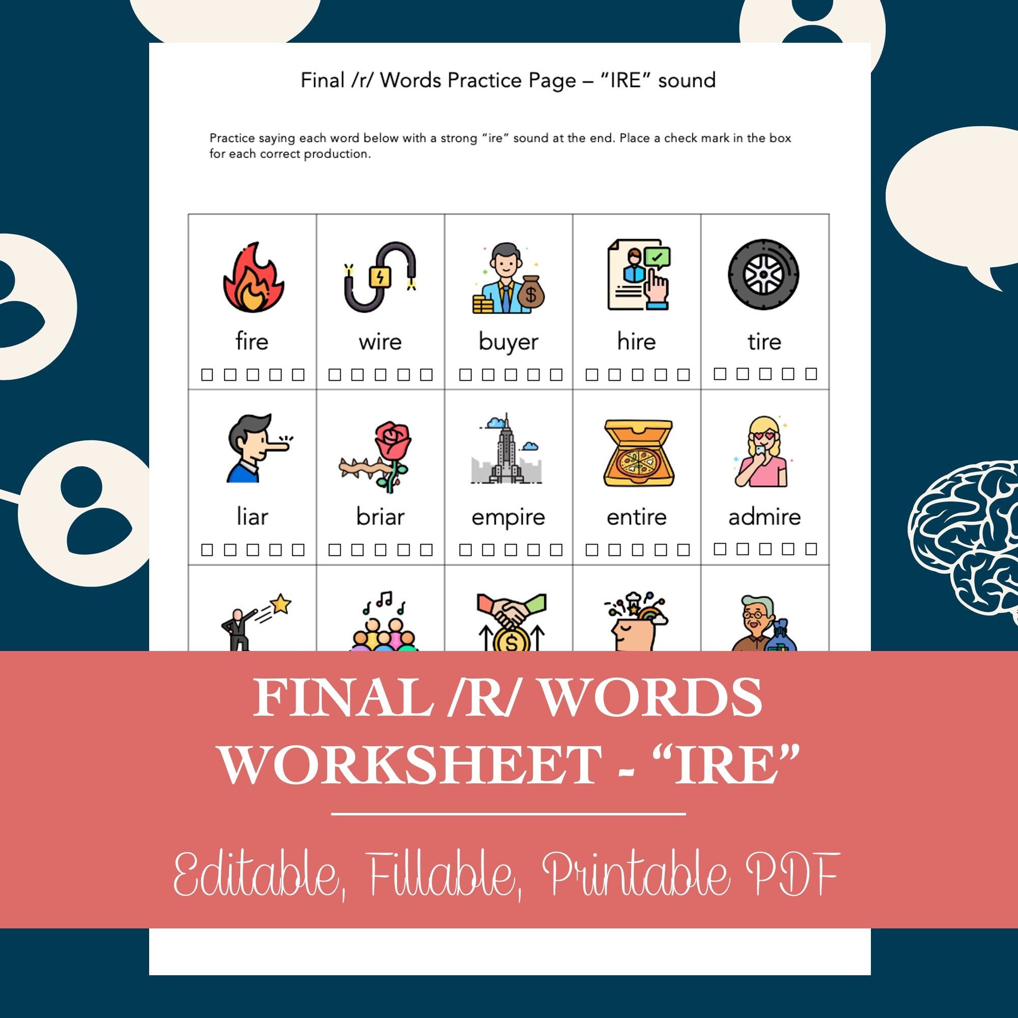 Final /R/ Words IRE Sound Worksheet for Speech Therapy editable, Fillable, Printable PDF - Etsy