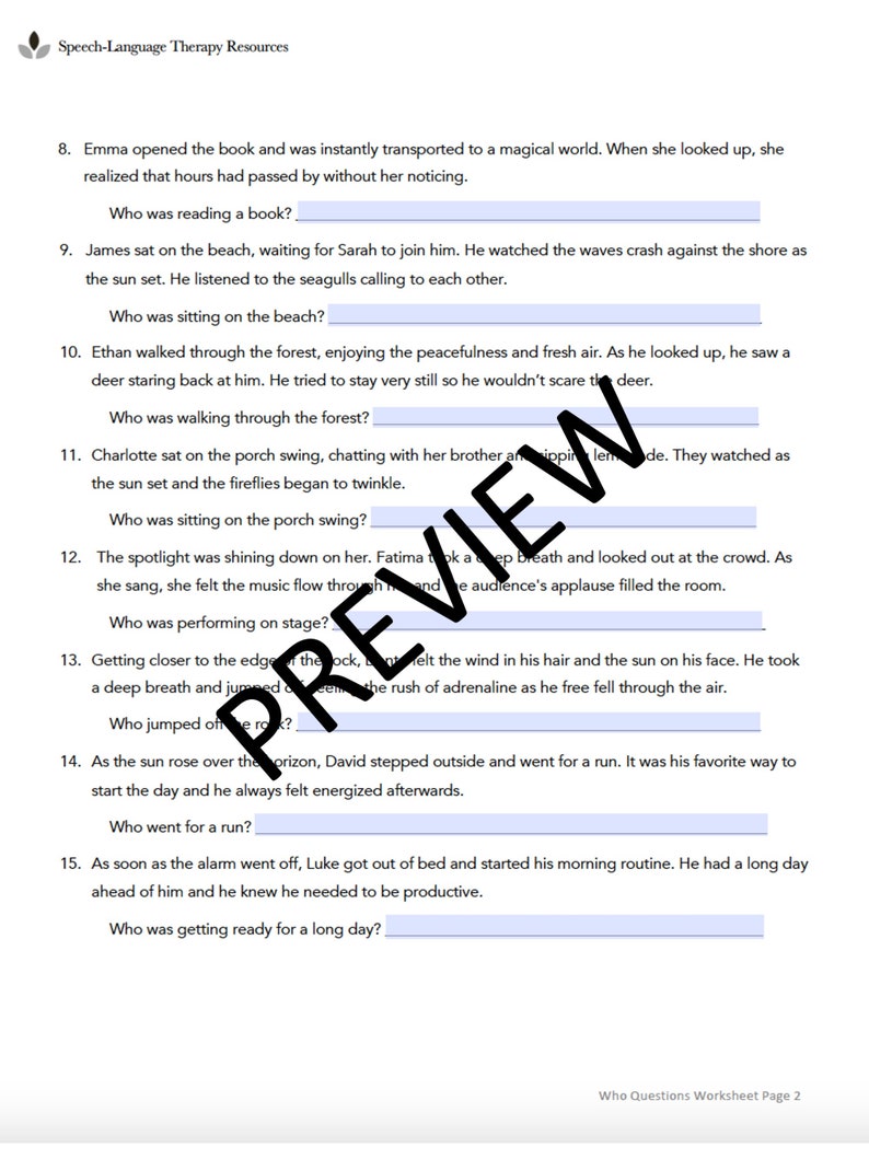 Who Questions Worksheet for Speech Therapy (editable, Fillable ...