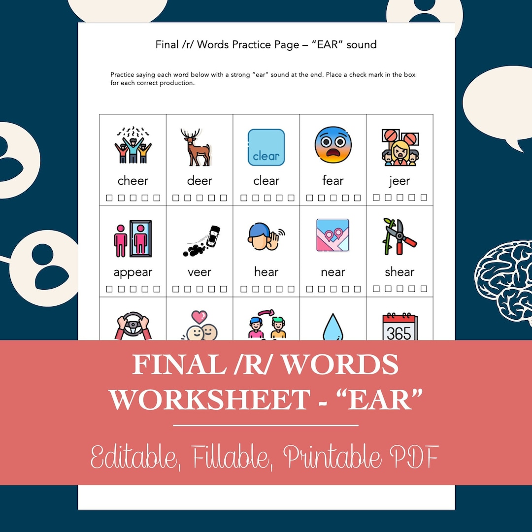 Final /R/ Words “EAR” Sound Worksheet for Speech Therapy (editable ...