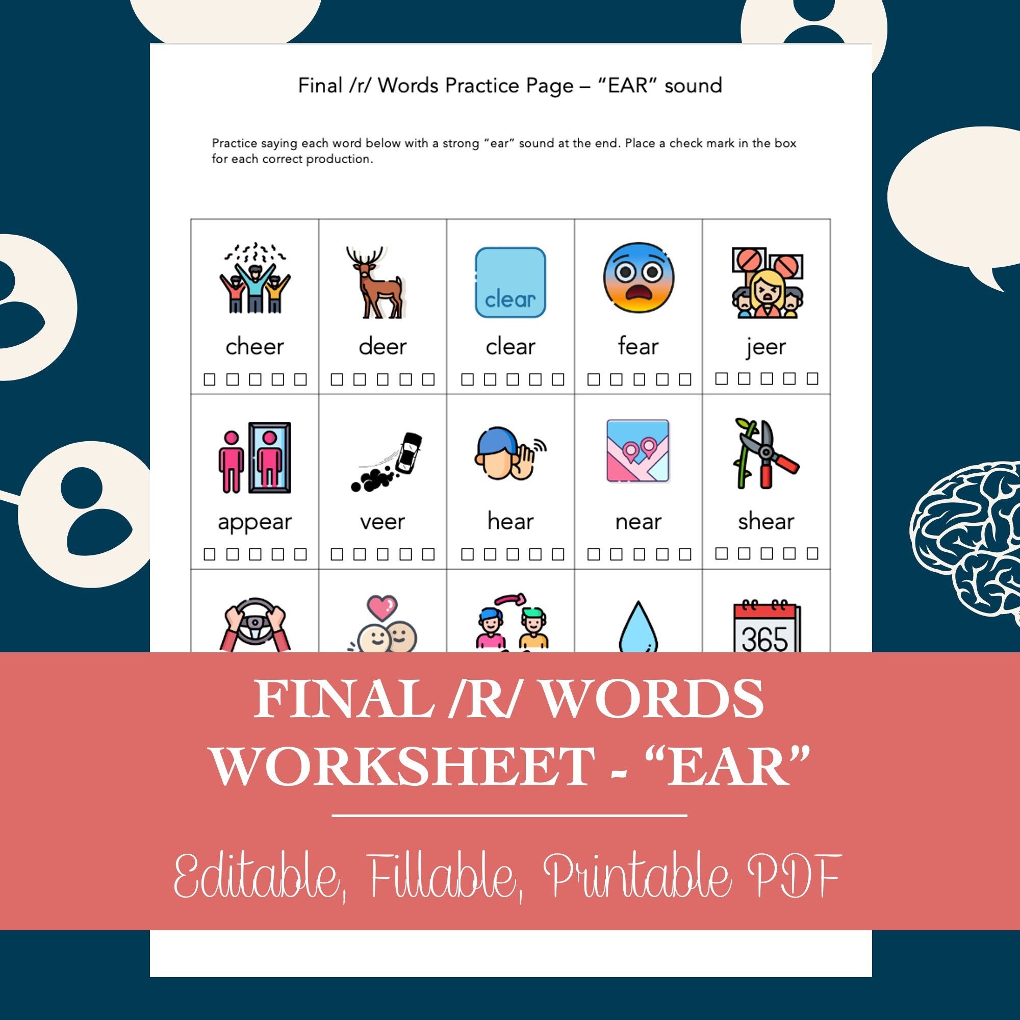 Final /R/ Words “EAR” Sound Worksheet for Speech Therapy (editable ...