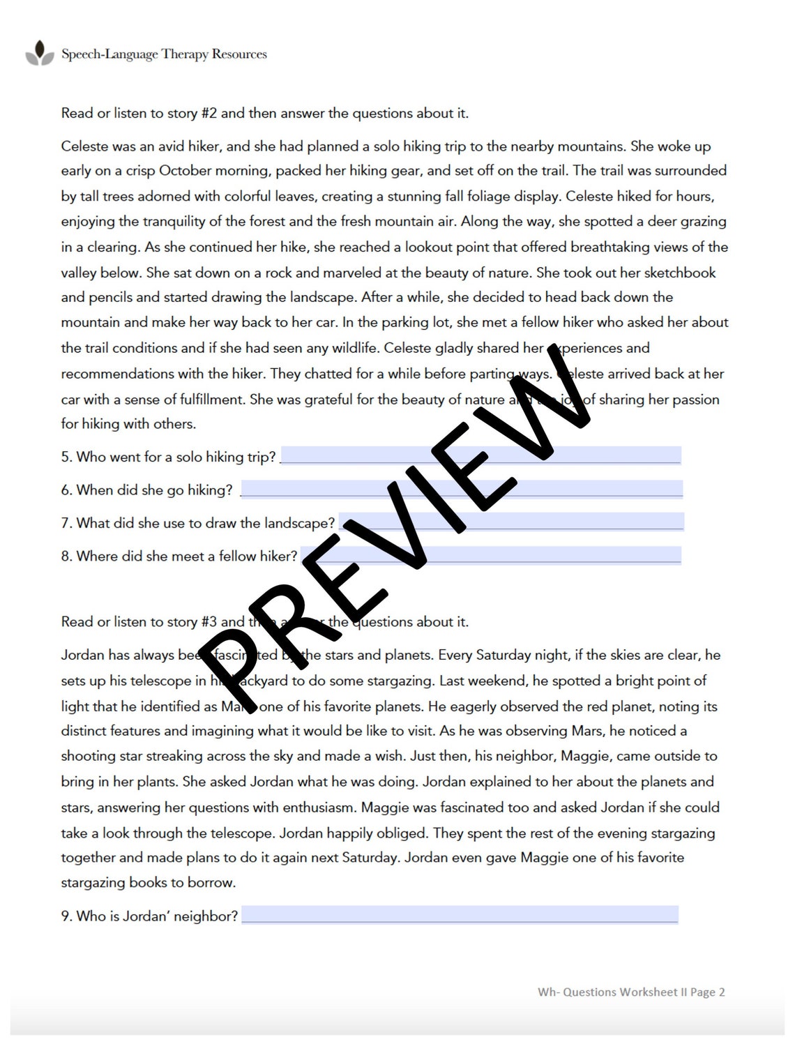 WH- Questions for Reading Comprehension Worksheet for Speech Therapy ...