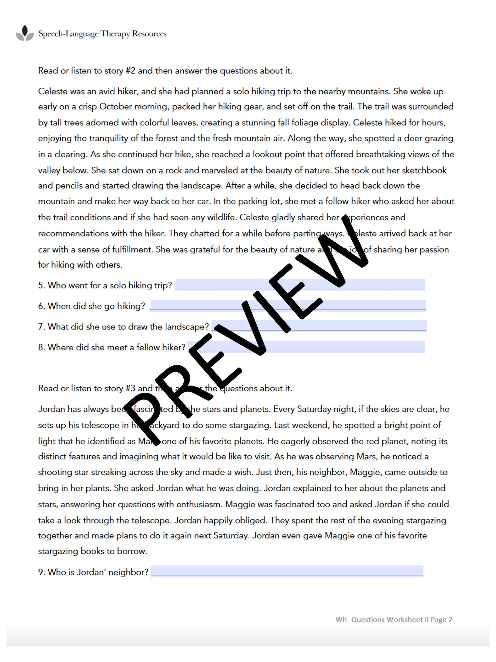 WH- Questions for Reading Comprehension Worksheet for Speech Therapy ...