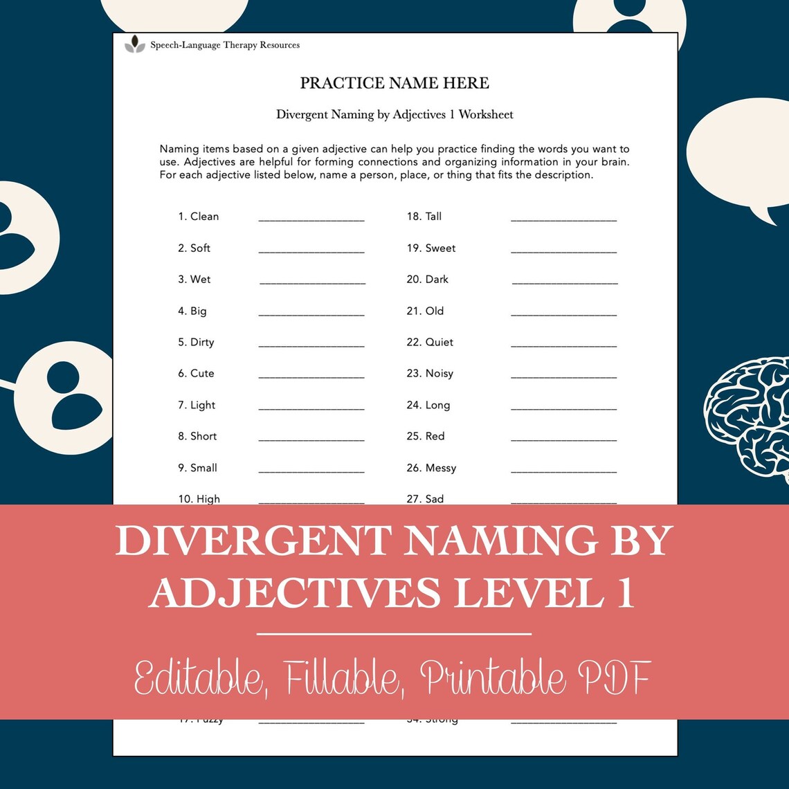 Divergent Naming by Adjectives Worksheet (level 1) for Speech Therapy ...