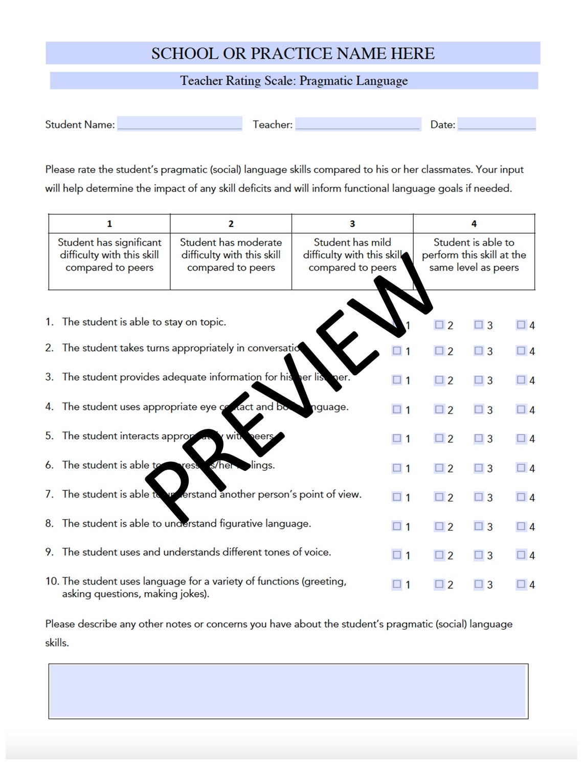 Teacher Rating Scale: Pragmatic Language Worksheet for Speech Therapy ...