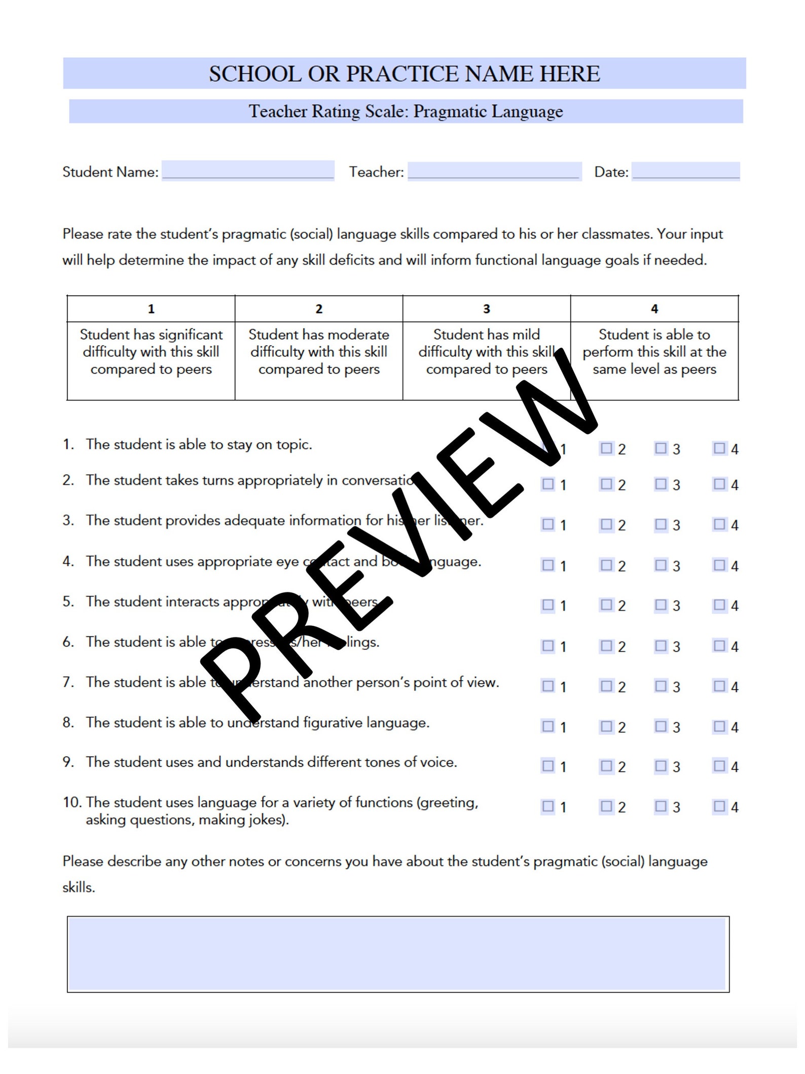 Teacher Rating Scale: Pragmatic Language Worksheet for Speech Therapy ...
