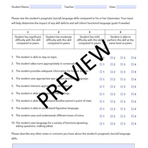 Teacher Rating Scale: Pragmatic Language Worksheet for Speech Therapy ...