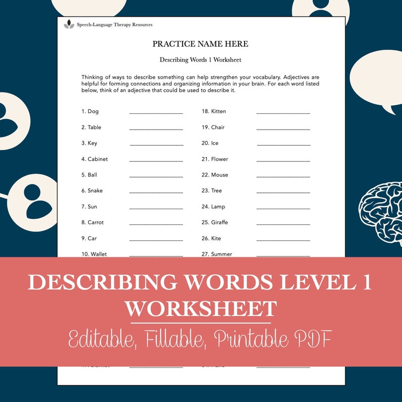 Describing Words Worksheet (level 1) for Speech Therapy (editable ...