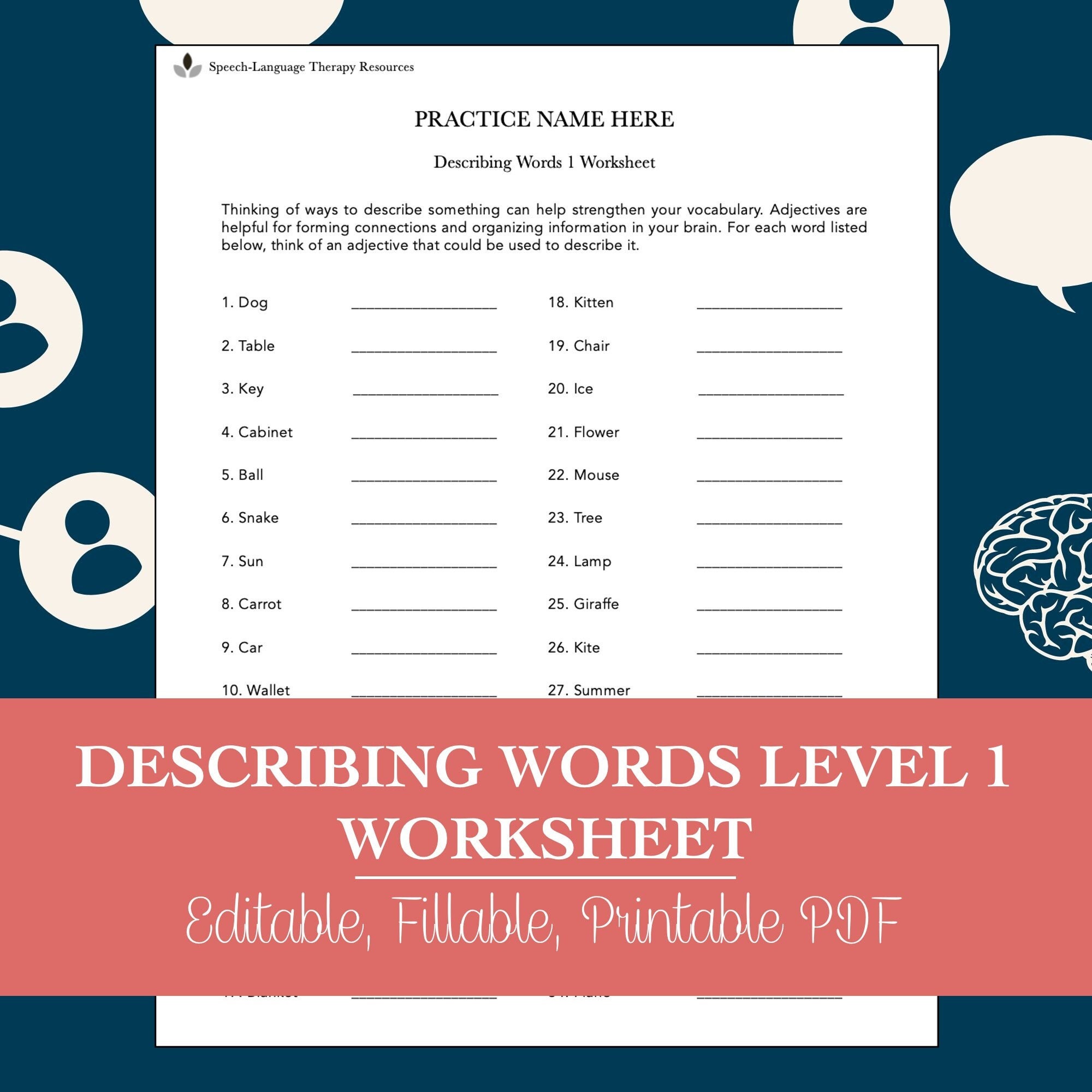 Describing Words Worksheet (level 1) for Speech Therapy (editable ...