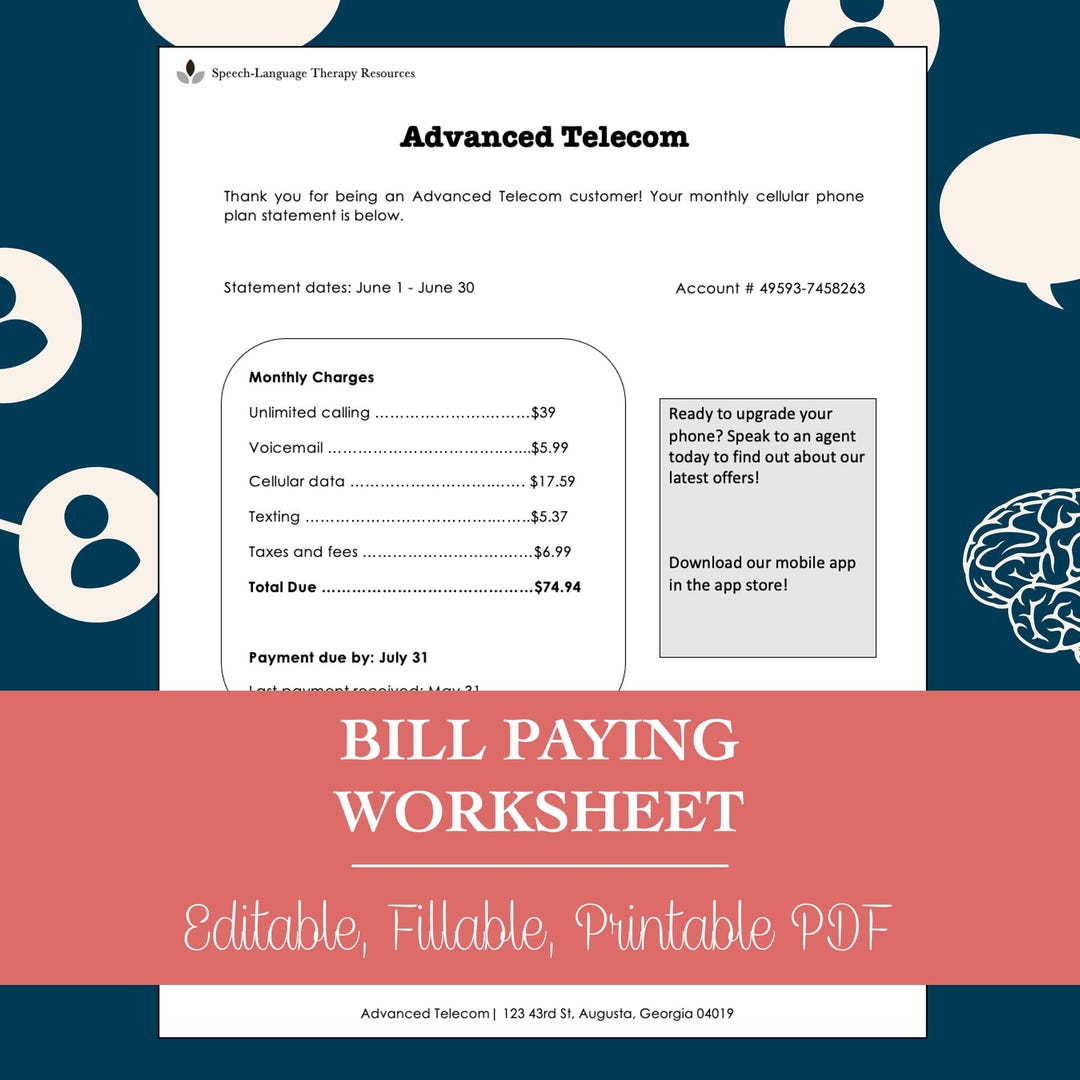 Bill Paying Worksheet for Speech Therapy (editable, Fillable, Printable ...