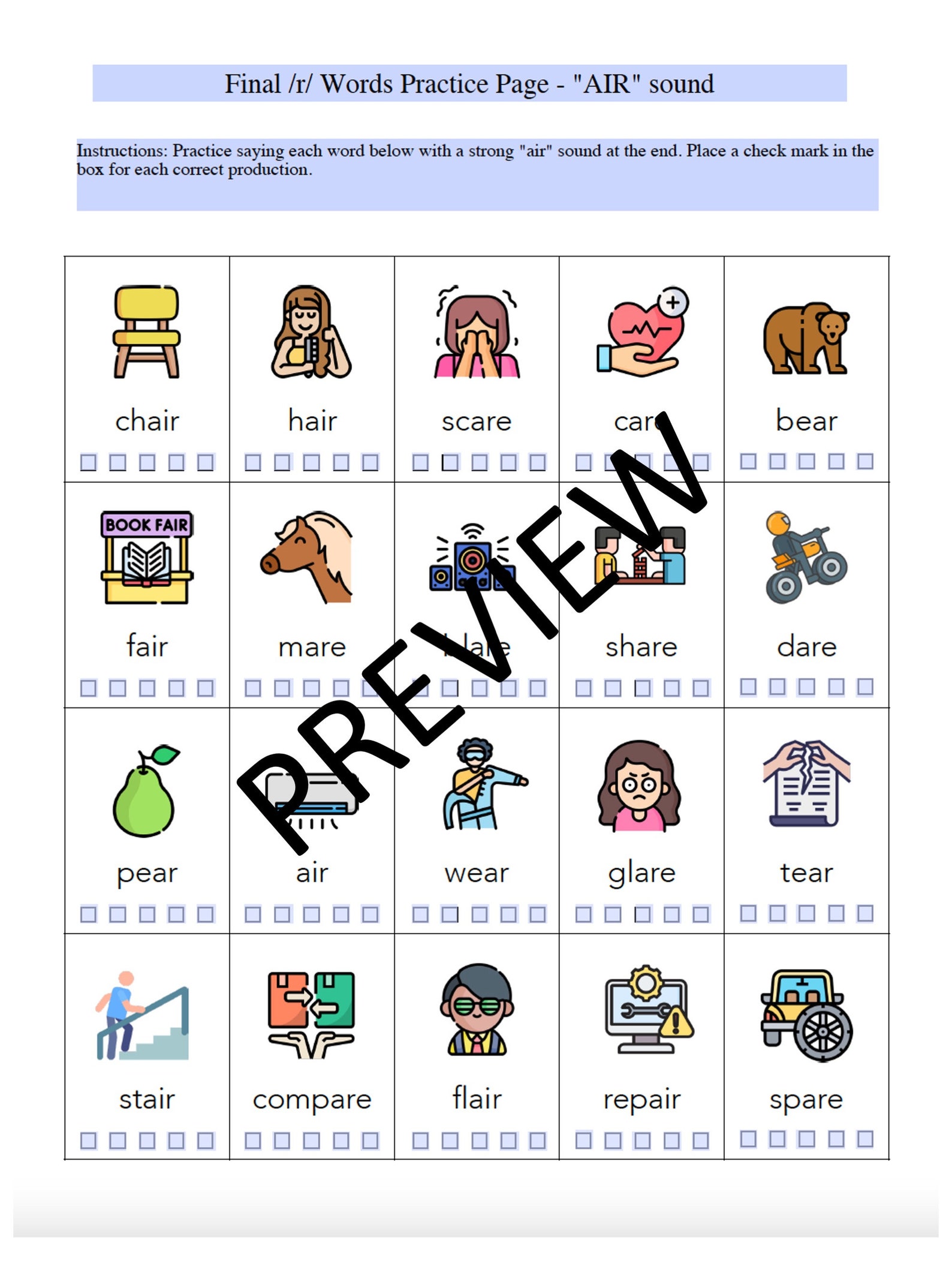 Final R Words AIR Sound Worksheet for Speech Therapy (editable ...