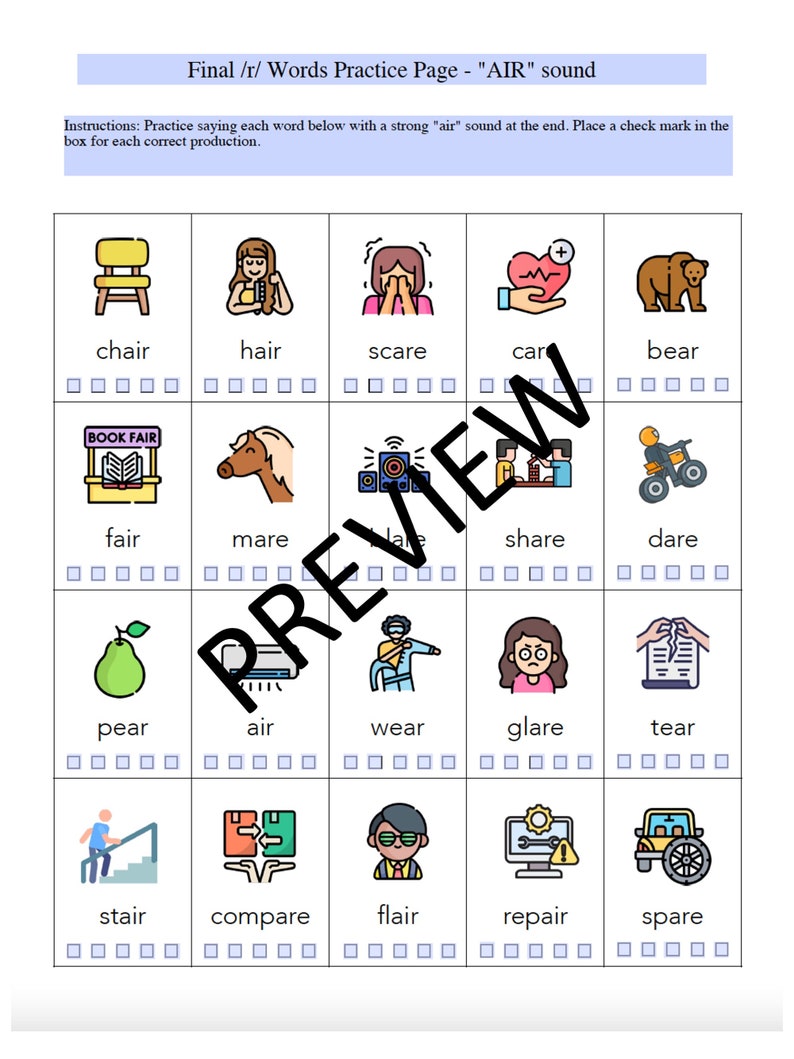 Final R Words AIR Sound Worksheet for Speech Therapy (editable ...