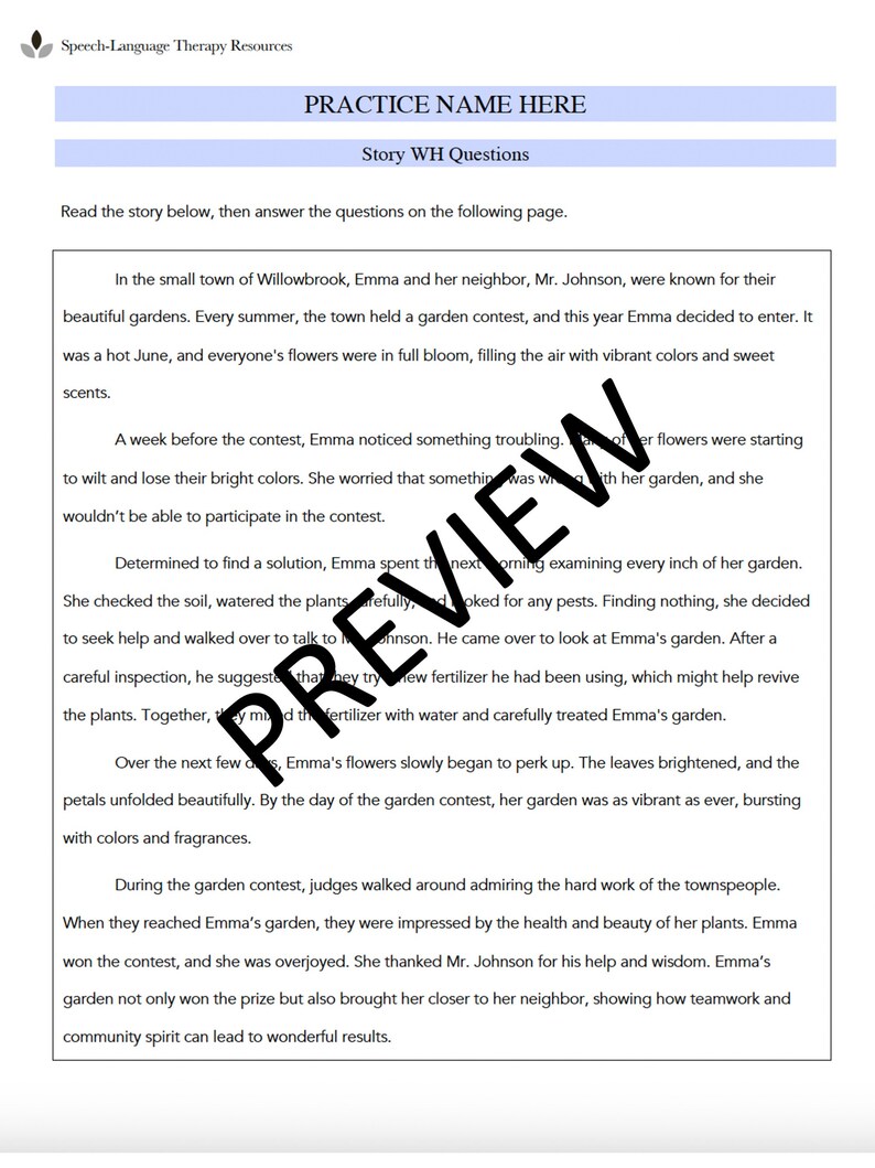 Story WH Questions Worksheet for Speech Therapy (editable, Fillable ...