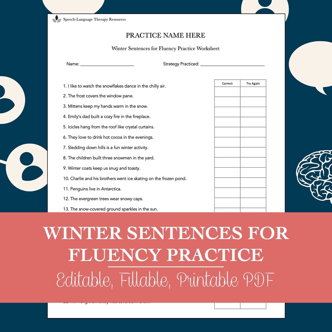 Winter Sentences for Fluency Practice Worksheet for Speech Therapy ...