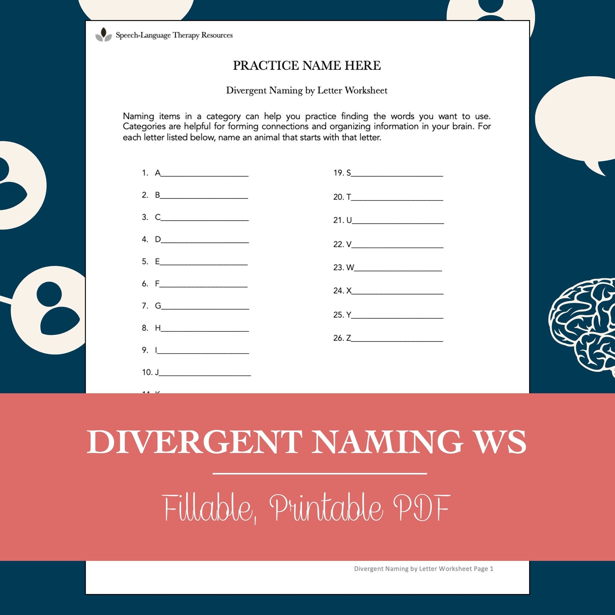 Divergent Naming by Letter Worksheet for Speech Therapy (editable ...
