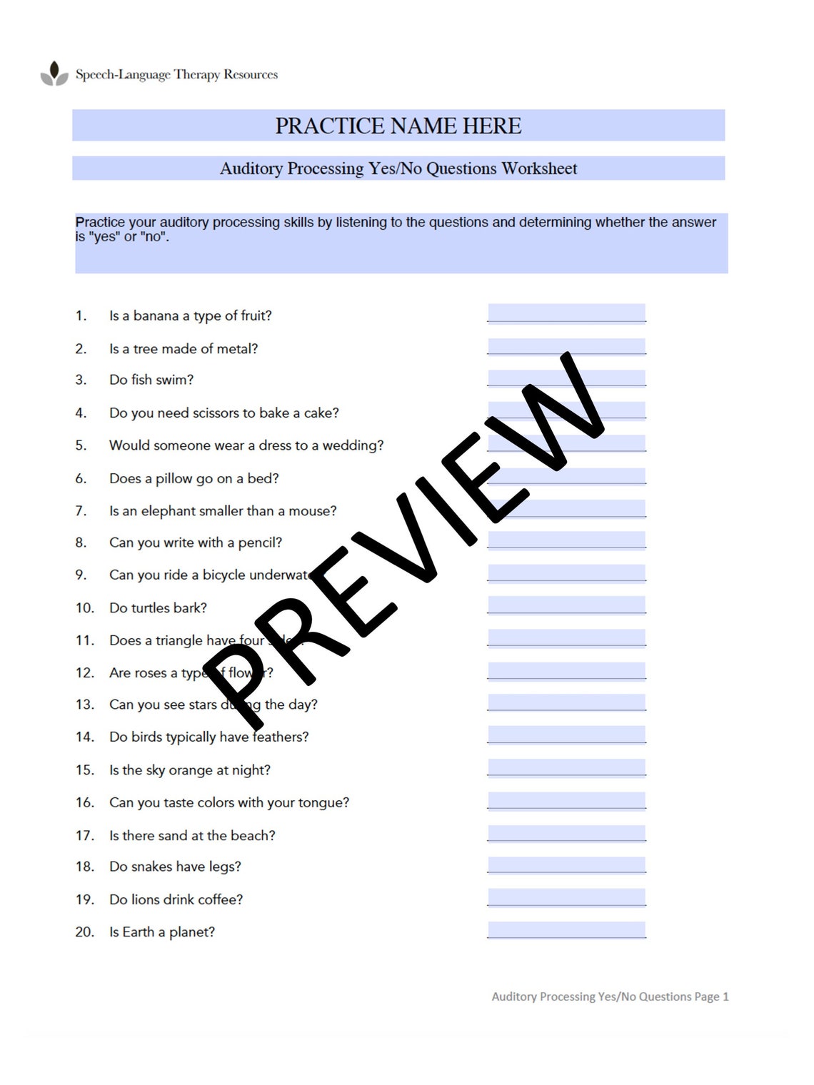 Auditory Processing Yes No Questions Worksheet for Speech Therapy ...