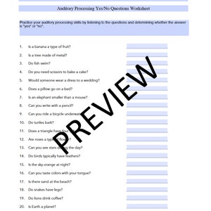 Auditory Processing Yes No Questions Worksheet for Speech Therapy ...