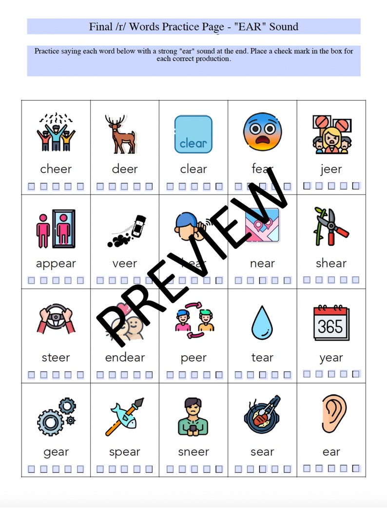 Final /R/ Words “EAR” Sound Worksheet for Speech Therapy (editable ...