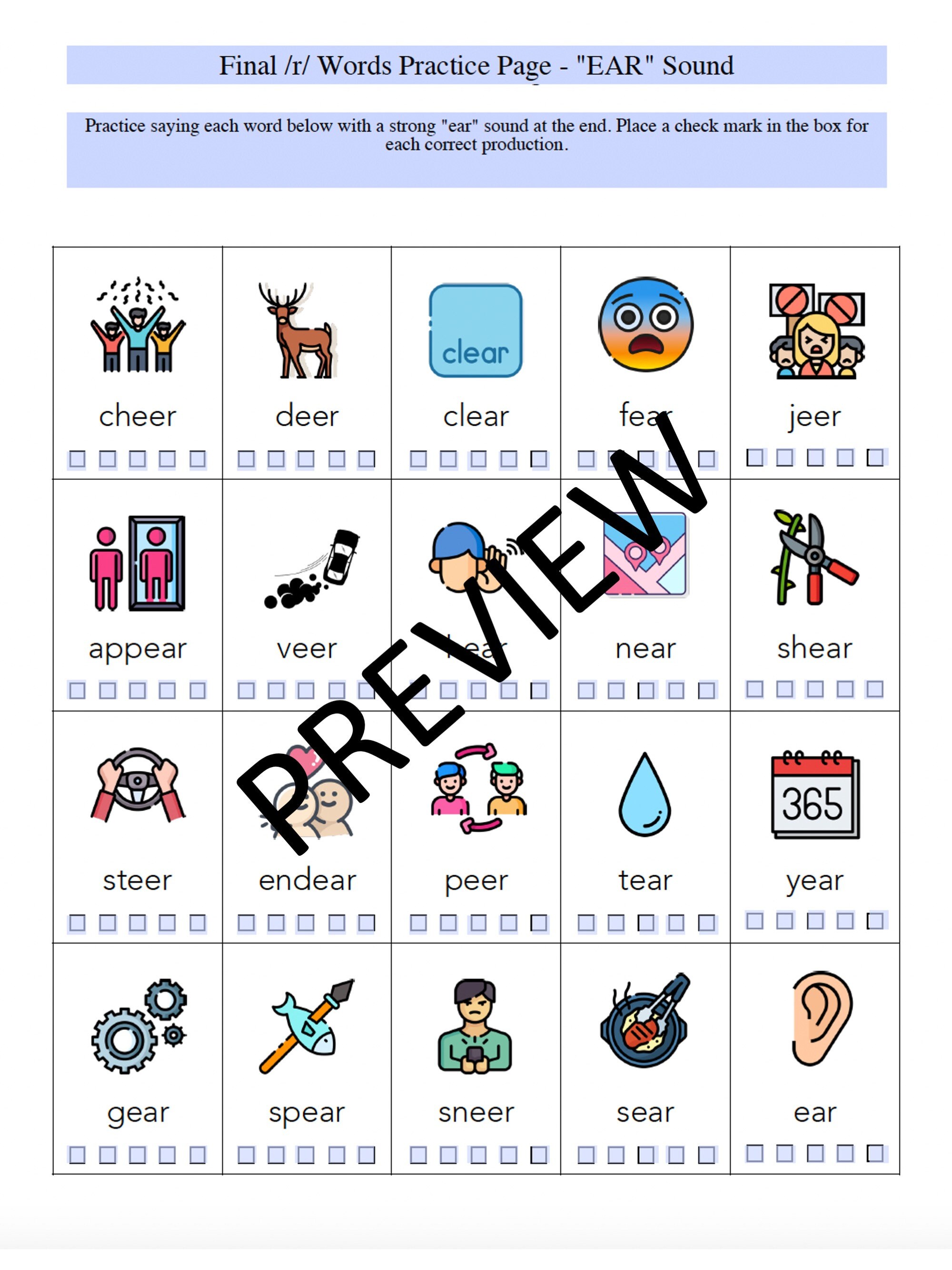 Final /R/ Words “EAR” Sound Worksheet for Speech Therapy (editable ...