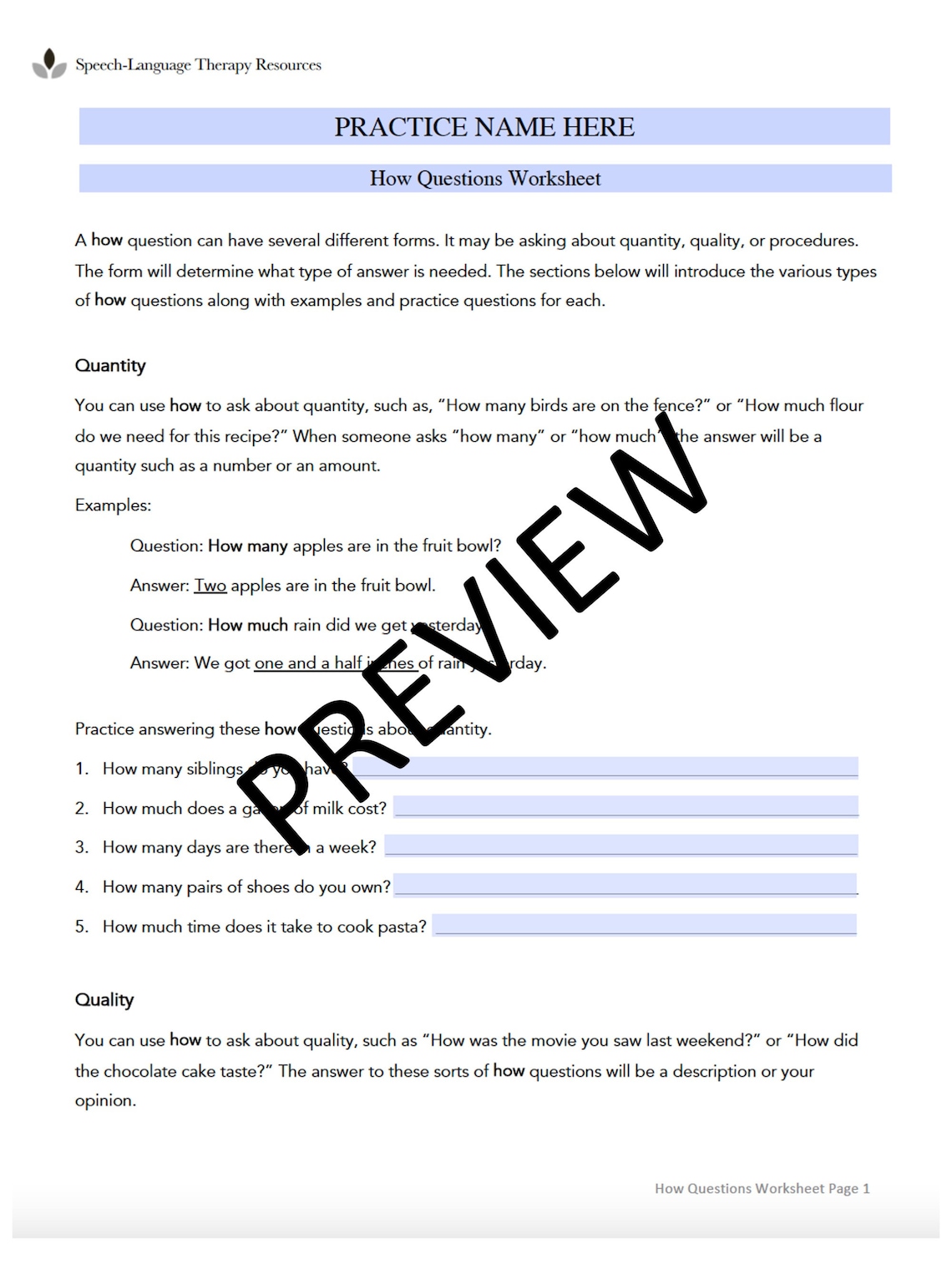 How Questions Worksheet for Apraxia for Speech Therapy (editable ...