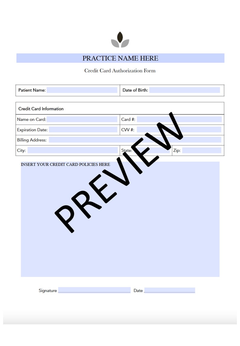 Credit Card Authorization Form for Speech Therapy (editable, Fillable ...