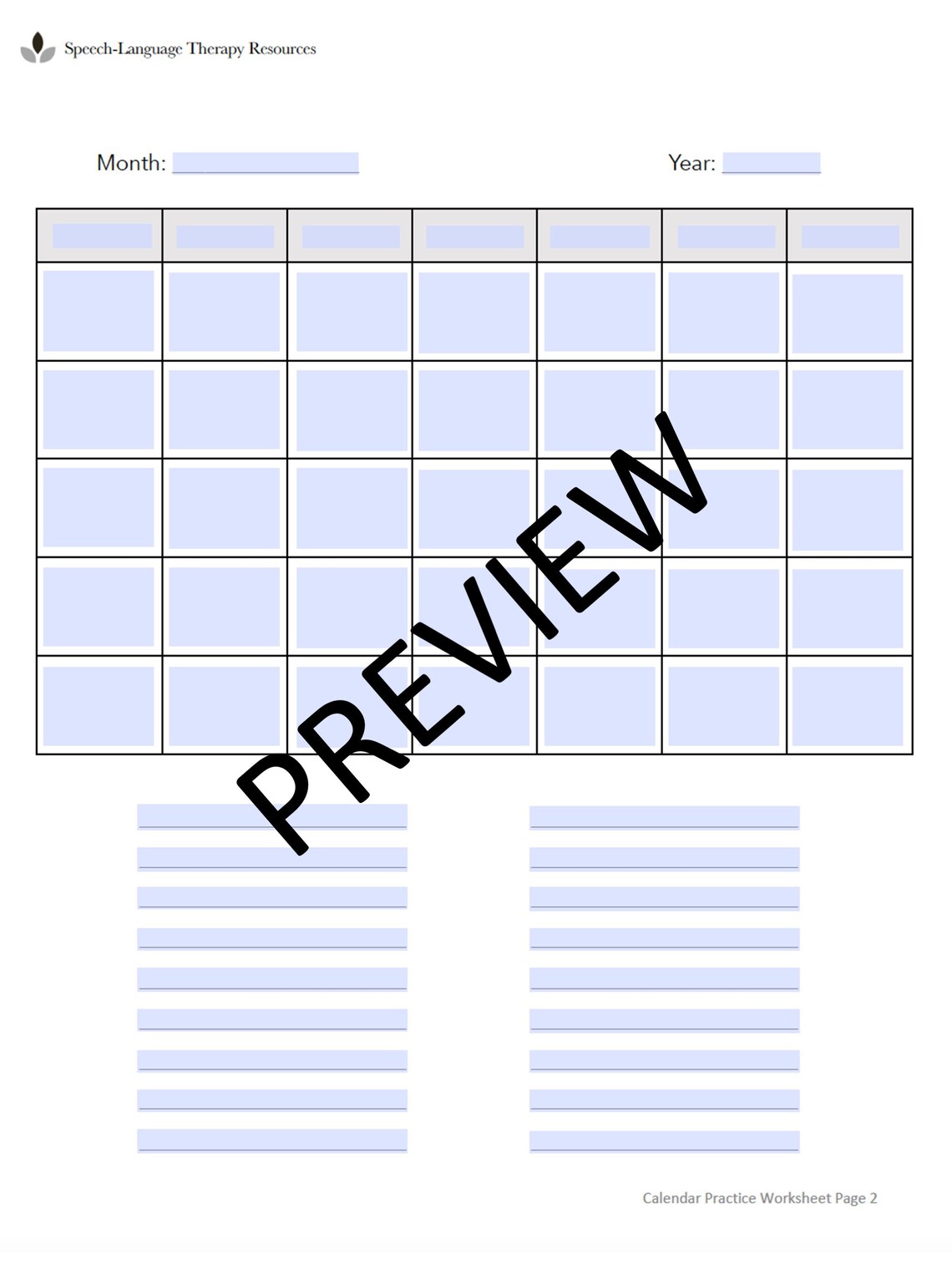 Calendar Practice Worksheet for Speech Therapy (editable, Fillable ...