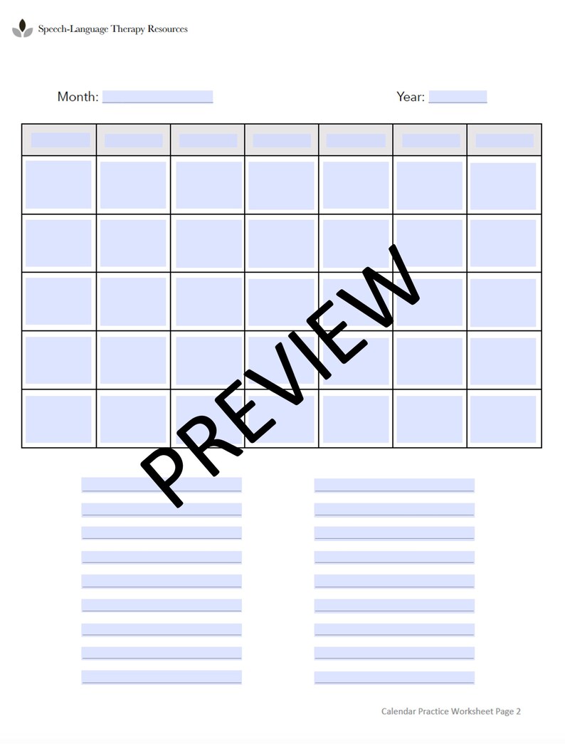 Calendar Practice Worksheet for Speech Therapy (editable, Fillable ...