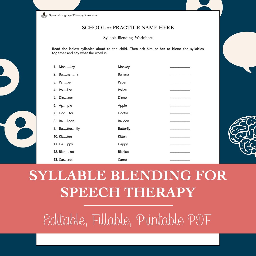 Syllable Blending Worksheet for Speech Therapy editable, Fillable ...