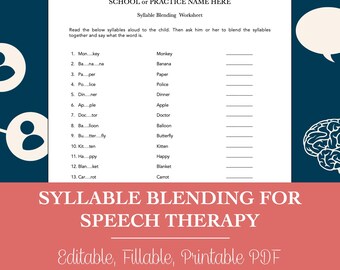 Syllable Blending Worksheet for Speech Therapy | Fillable, Printable ...