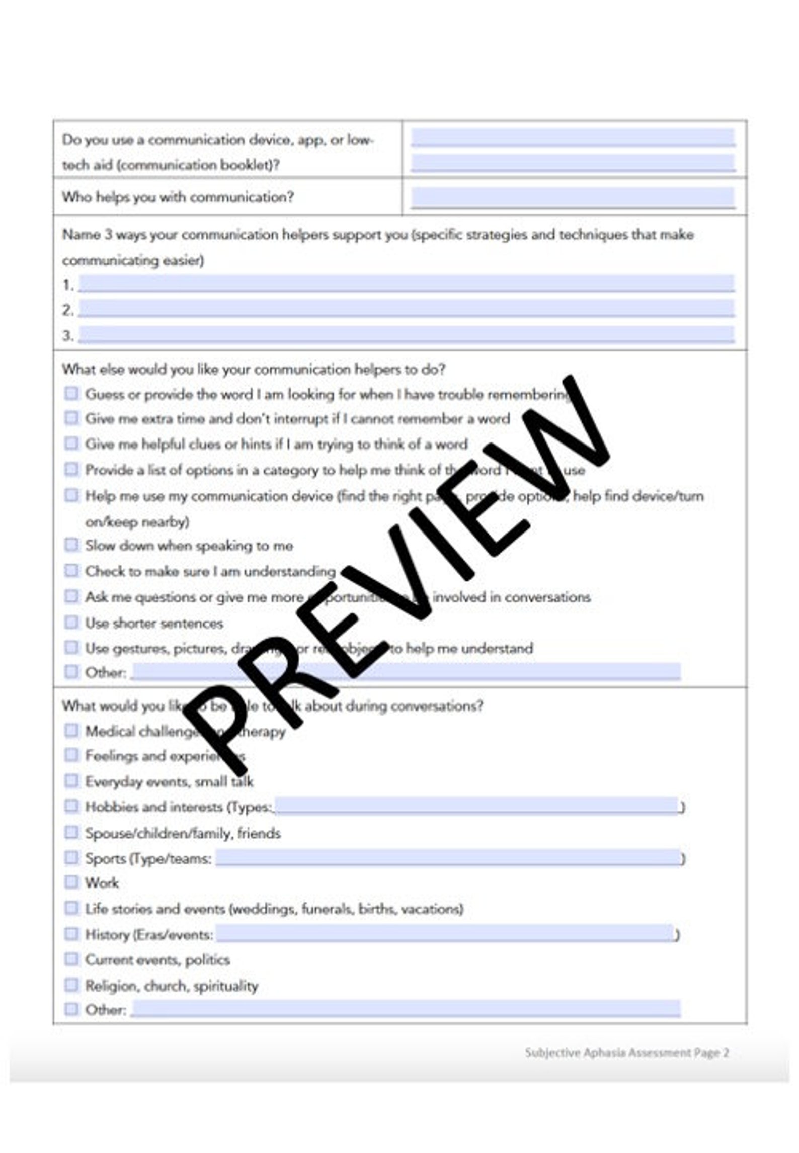 Subjective Aphasia Assessment Worksheet for Speech Therapy (editable ...