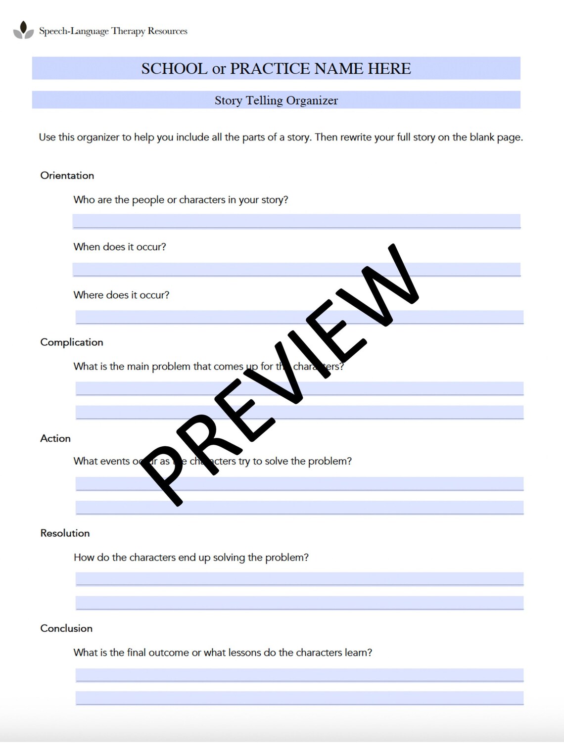 Story Telling Organizer Worksheet for Speech Therapy (editable ...