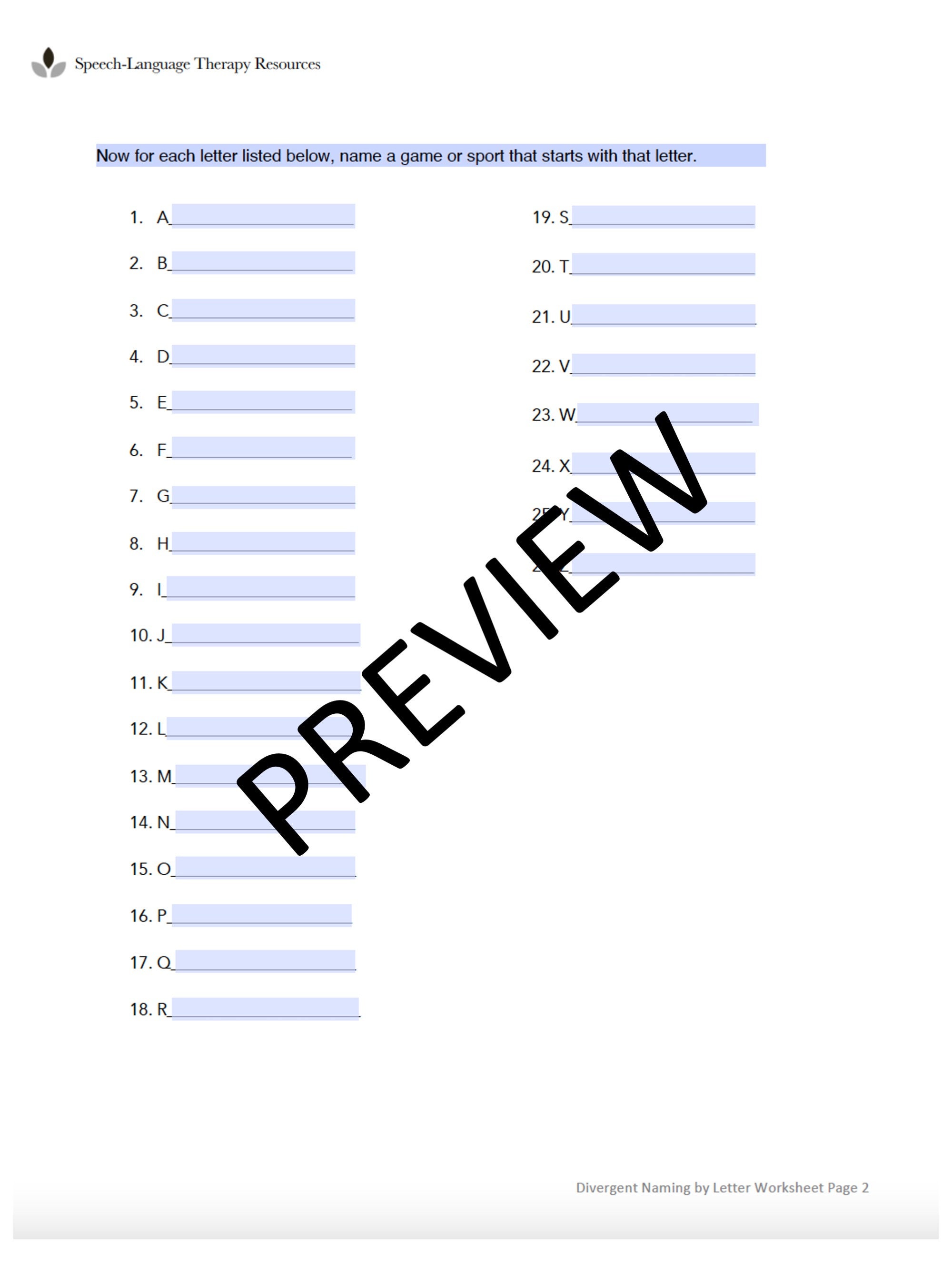 Divergent Naming by Letter Worksheet for Speech Therapy (editable ...
