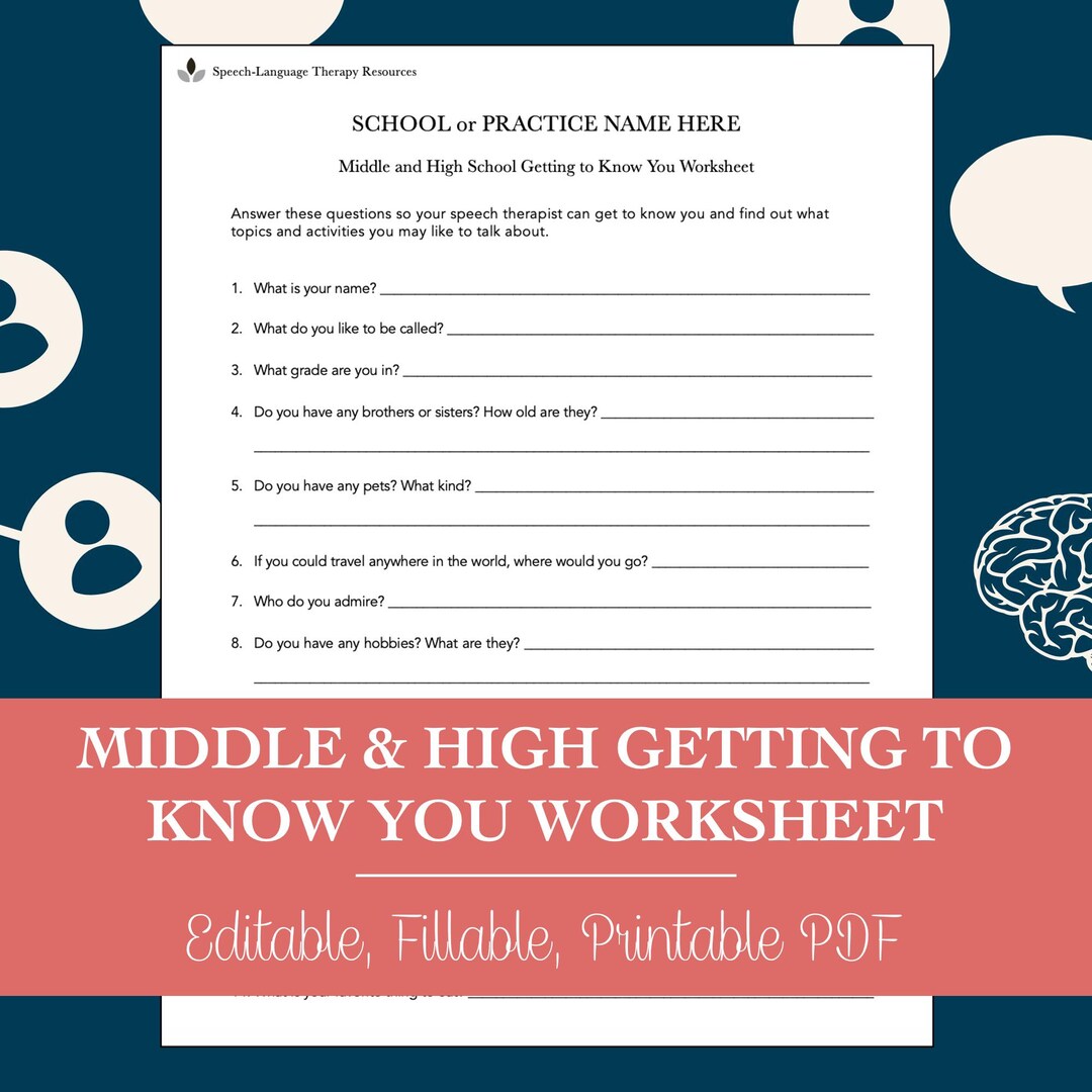 Middle School Getting to Know You Worksheet for Speech Therapy ...