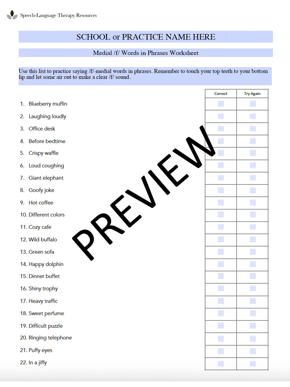 Letter F Beginning Phrases Worksheet for Speech Therapy printable PDF ...