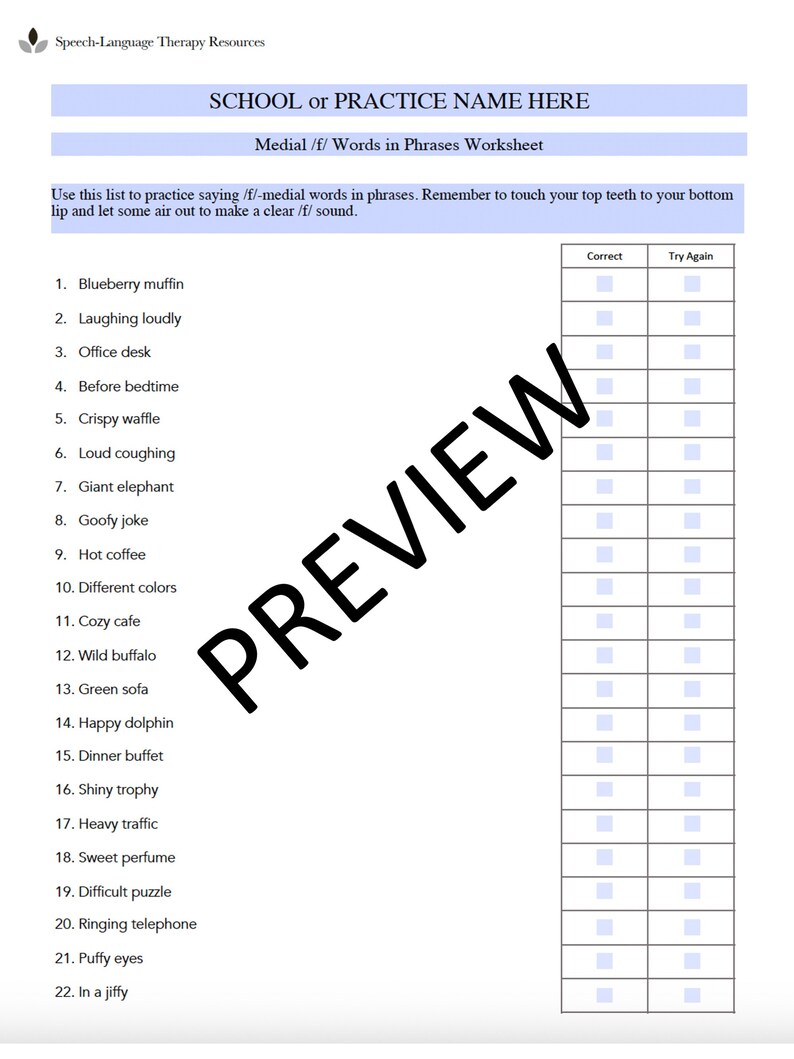 Letter F Beginning Phrases Worksheet for Speech Therapy (printable PDF ...